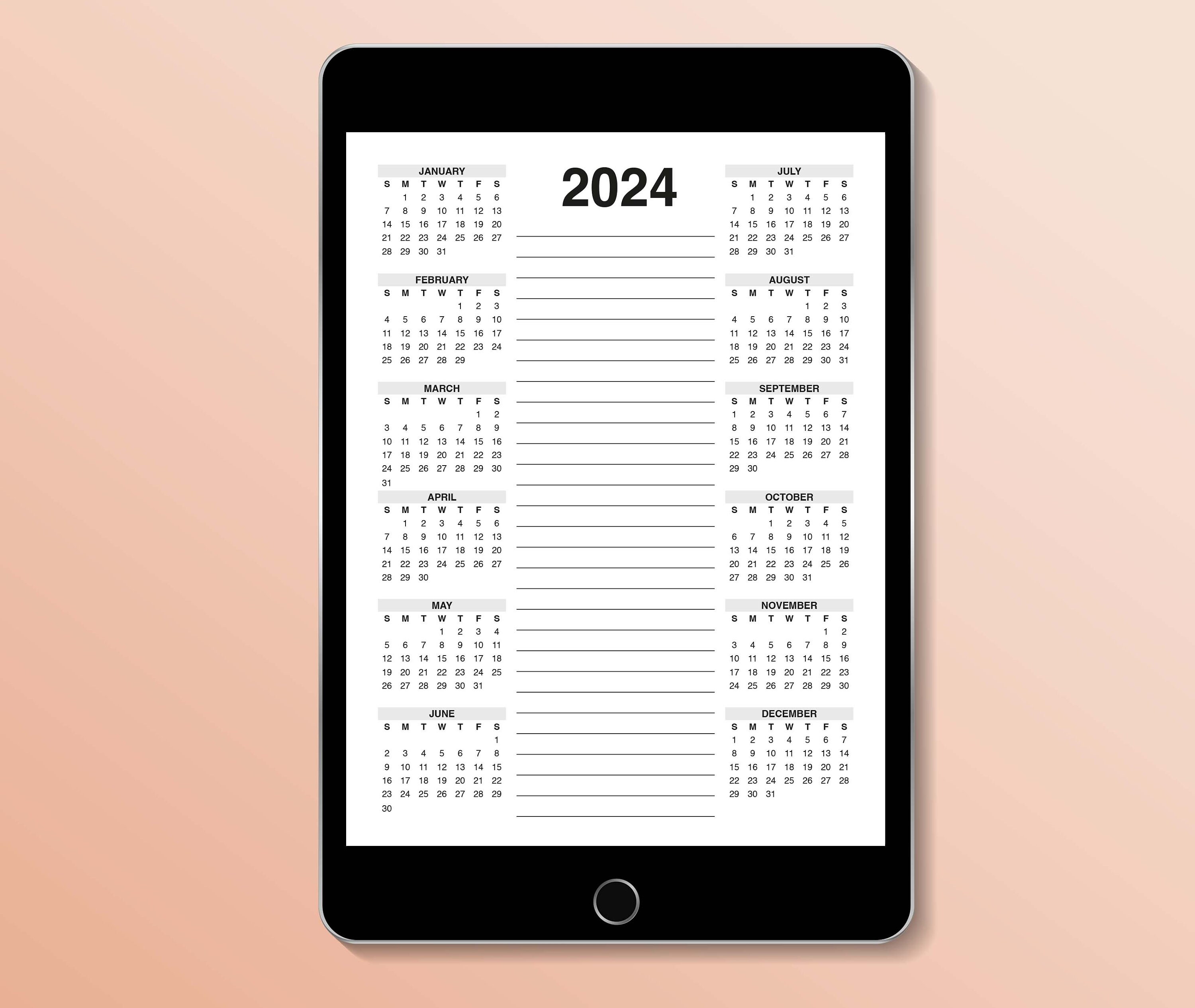 2024 Monthly Calendar Printable, Yearly Calendar Template, Instant ...