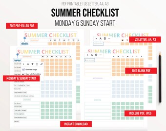 Editable Summer Checklist for Kids, Summer Child Checklist, Kids Chore ...
