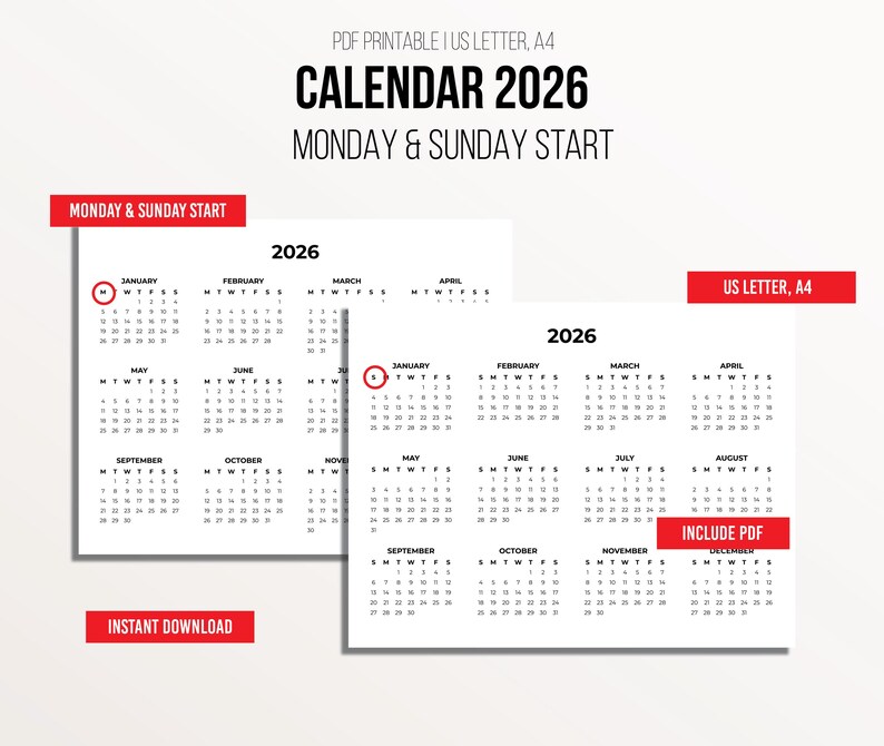 2025 2026 Printable Yearly Calendar • Simple Full Year Calendar ...