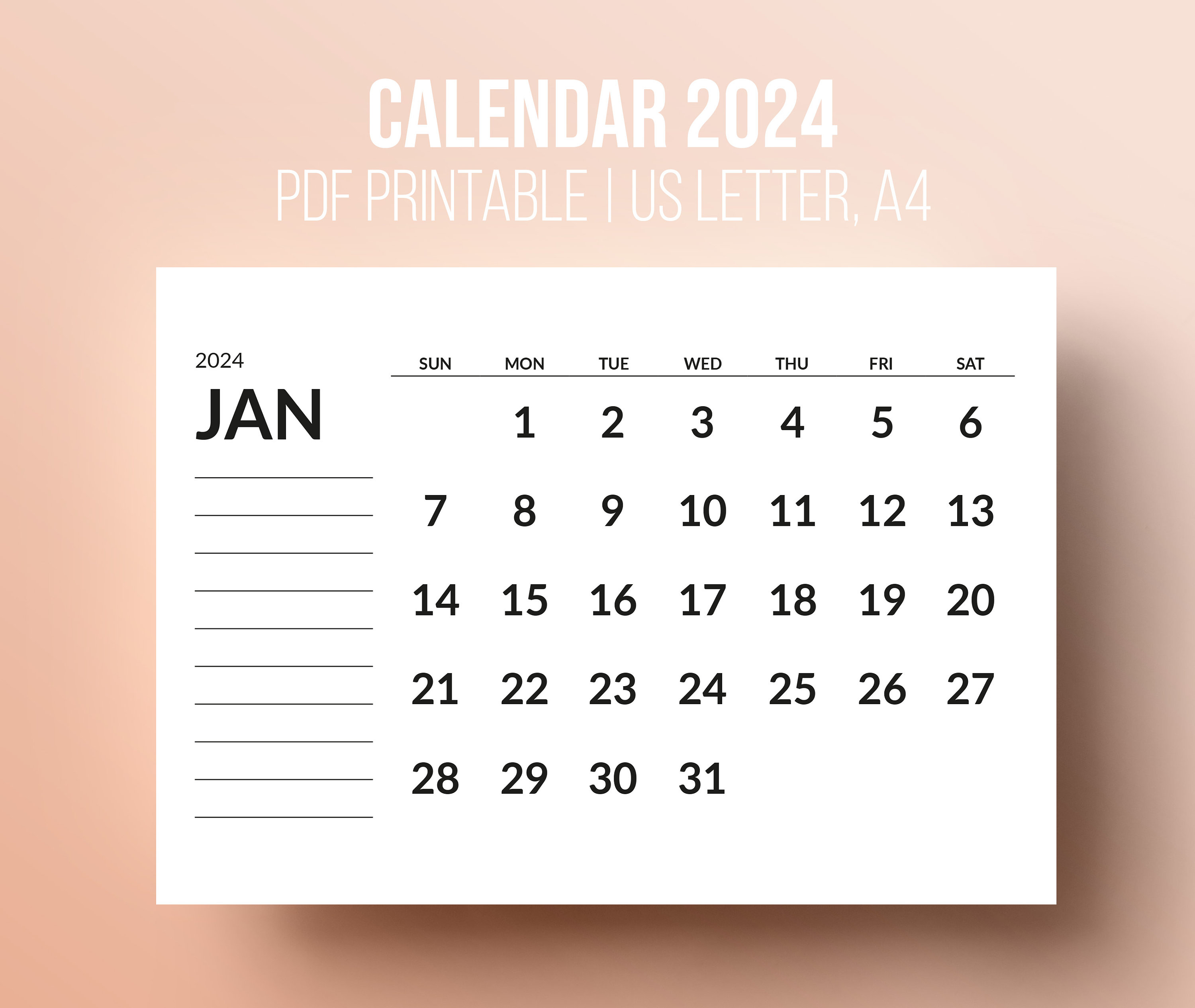 2024 Monthly Calendar With Notes, Printable Template, Minimalist ...
