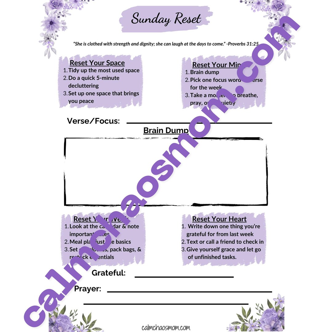 Sunday Reset Sheet | Floral Christian Weekly Planner (digital Download ...