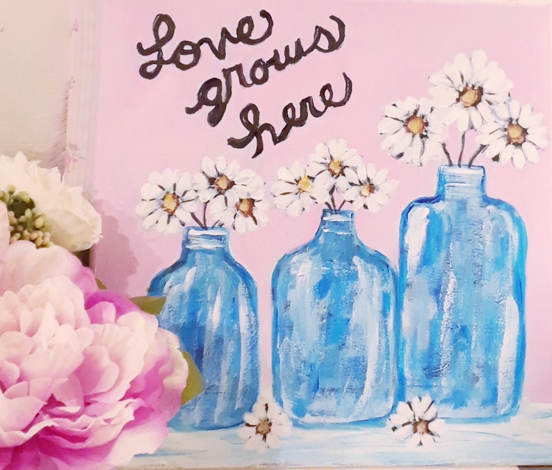 Daisies Painting, Shabby Chic Painting, Blue Mason Jar Painting, Love ...