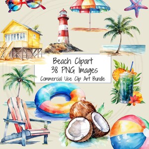 Summer Beach Watercolor Clipart Pack, 38 High Quality PNG Clip Art File ...