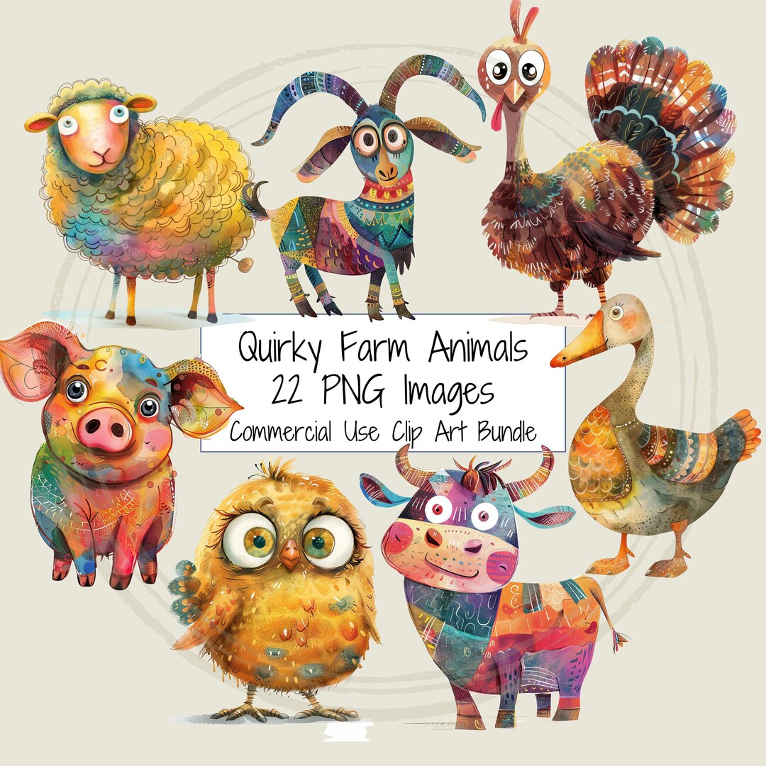 Quirky Farm Animals Clipart Pack, 22 High Quality PNG Clip Art File ...