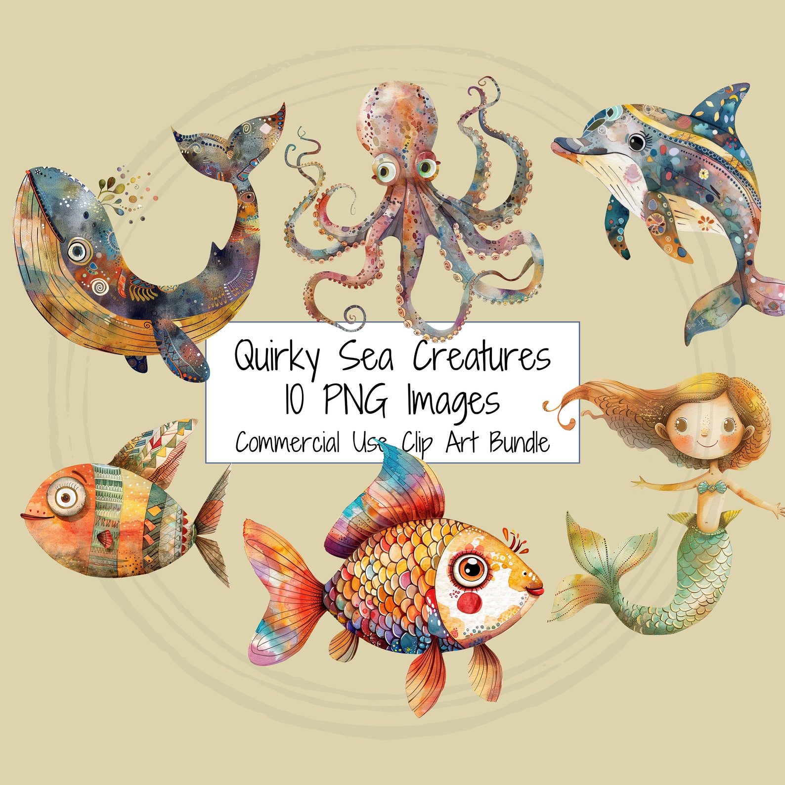 Quirky Sea Creatures Clipart Pack, 10 High Quality PNG Clip Art File ...