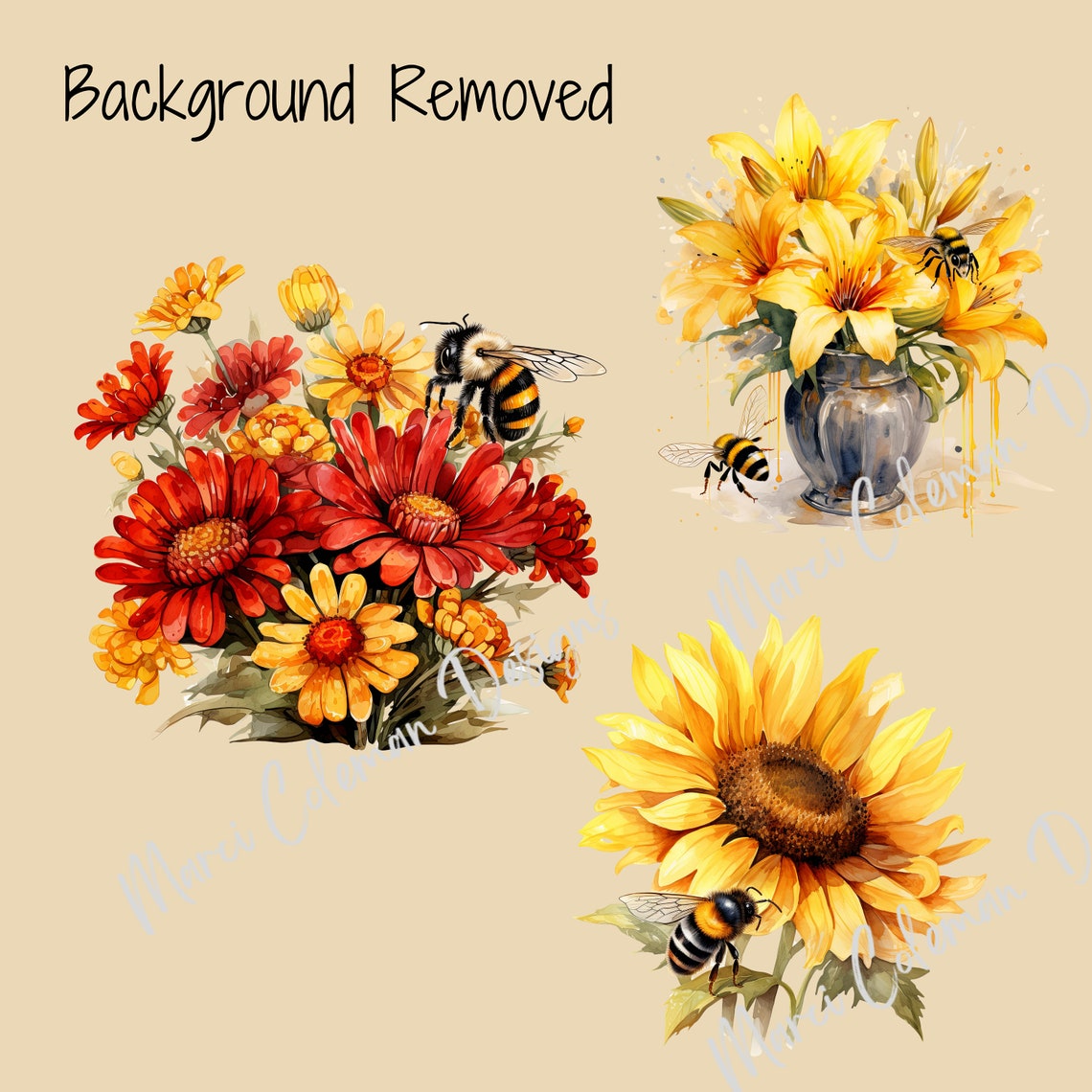 Bumblebees and Flowers Clipart Pack, Cute Bees Clip Art, 18 High ...