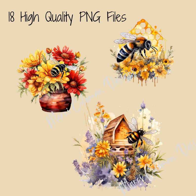 Bumblebees and Flowers Clipart Pack, Cute Bees Clip Art, 18 High ...