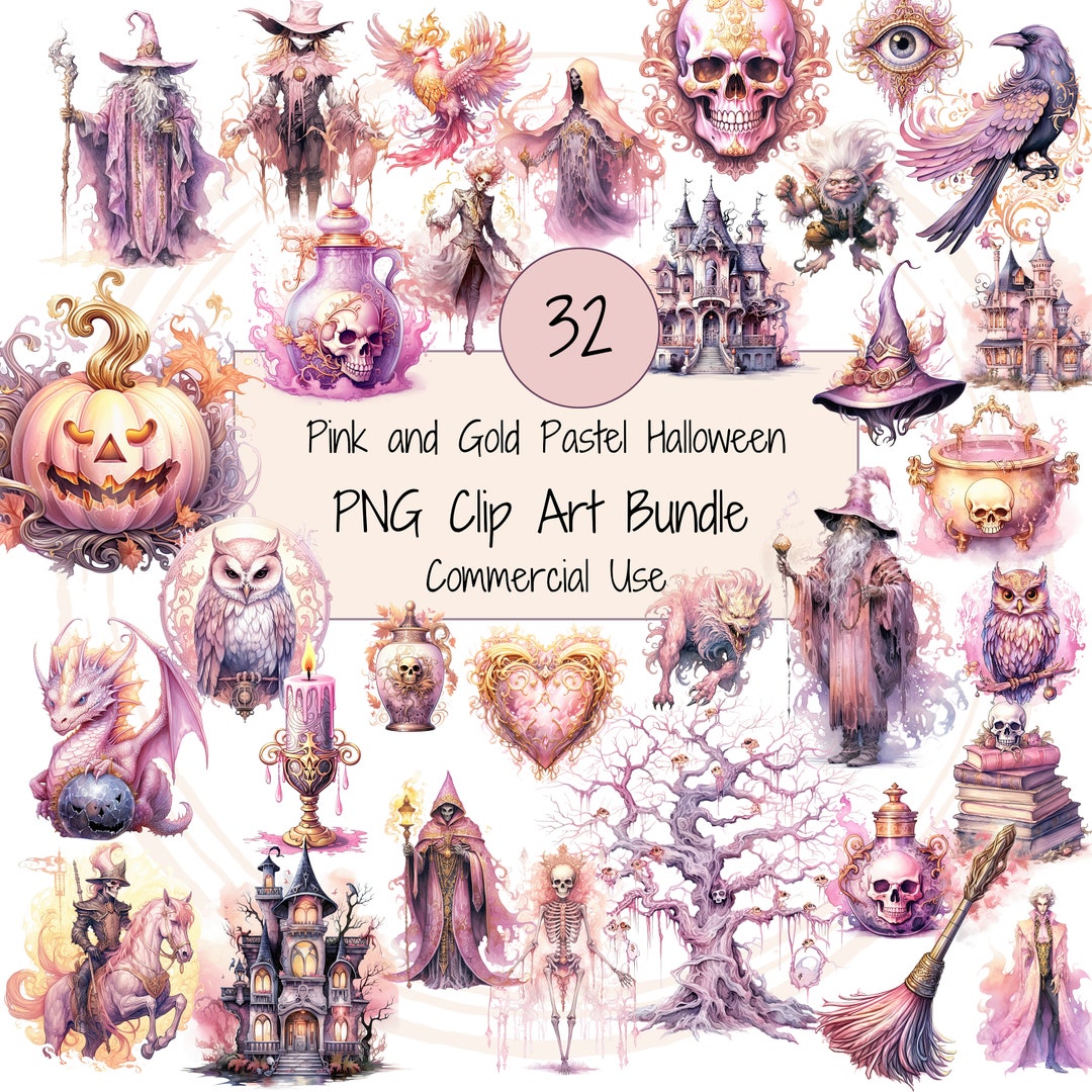 Pink and Gold Pastel Halloween Clipart Pack | 32 High Quality PNG Clip ...