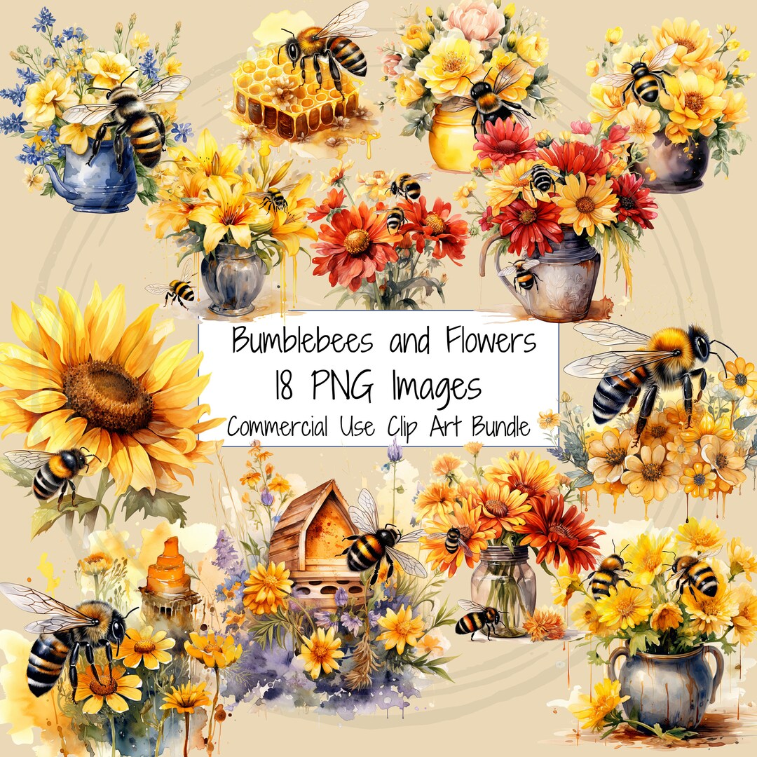 Bumblebees and Flowers Clipart Pack, Cute Bees Clip Art, 18 High ...