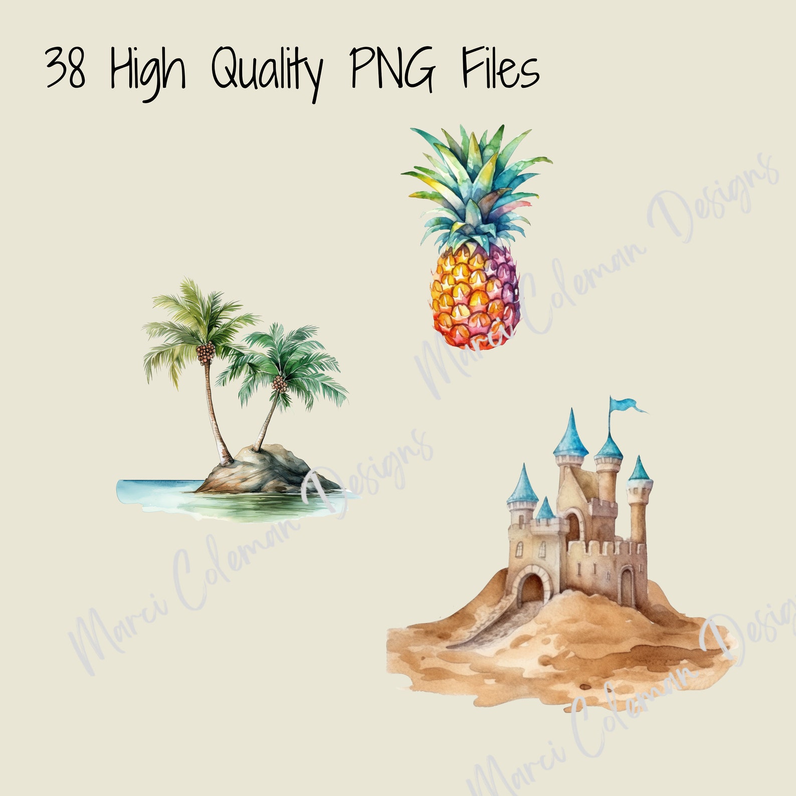 Summer Beach Watercolor Clipart Pack, 38 High Quality PNG Clip Art File ...
