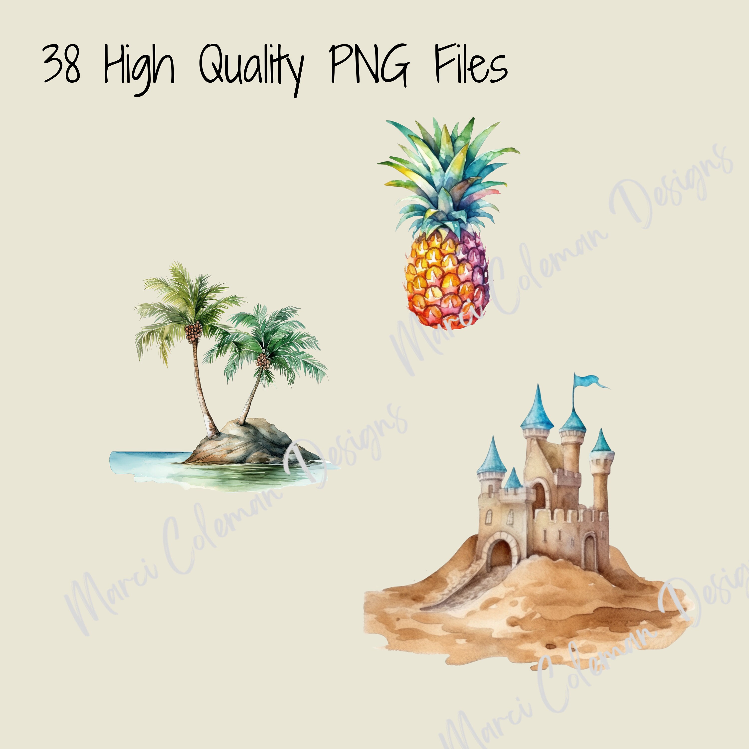 Summer Beach Watercolor Clipart Pack, 38 High Quality PNG Clip Art File ...