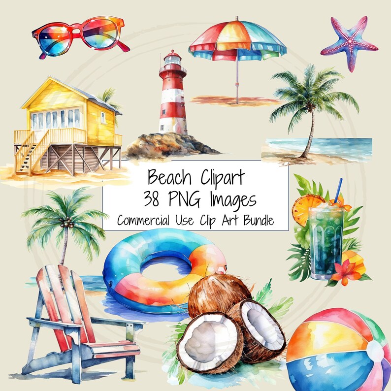 Summer Beach Watercolor Clipart Pack, 38 High Quality PNG Clip Art File ...