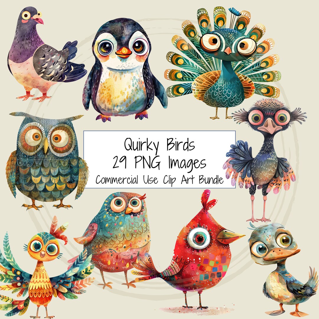 Quirky Birds Clipart Pack, 18 High Quality PNG Clip Art File Bundle ...
