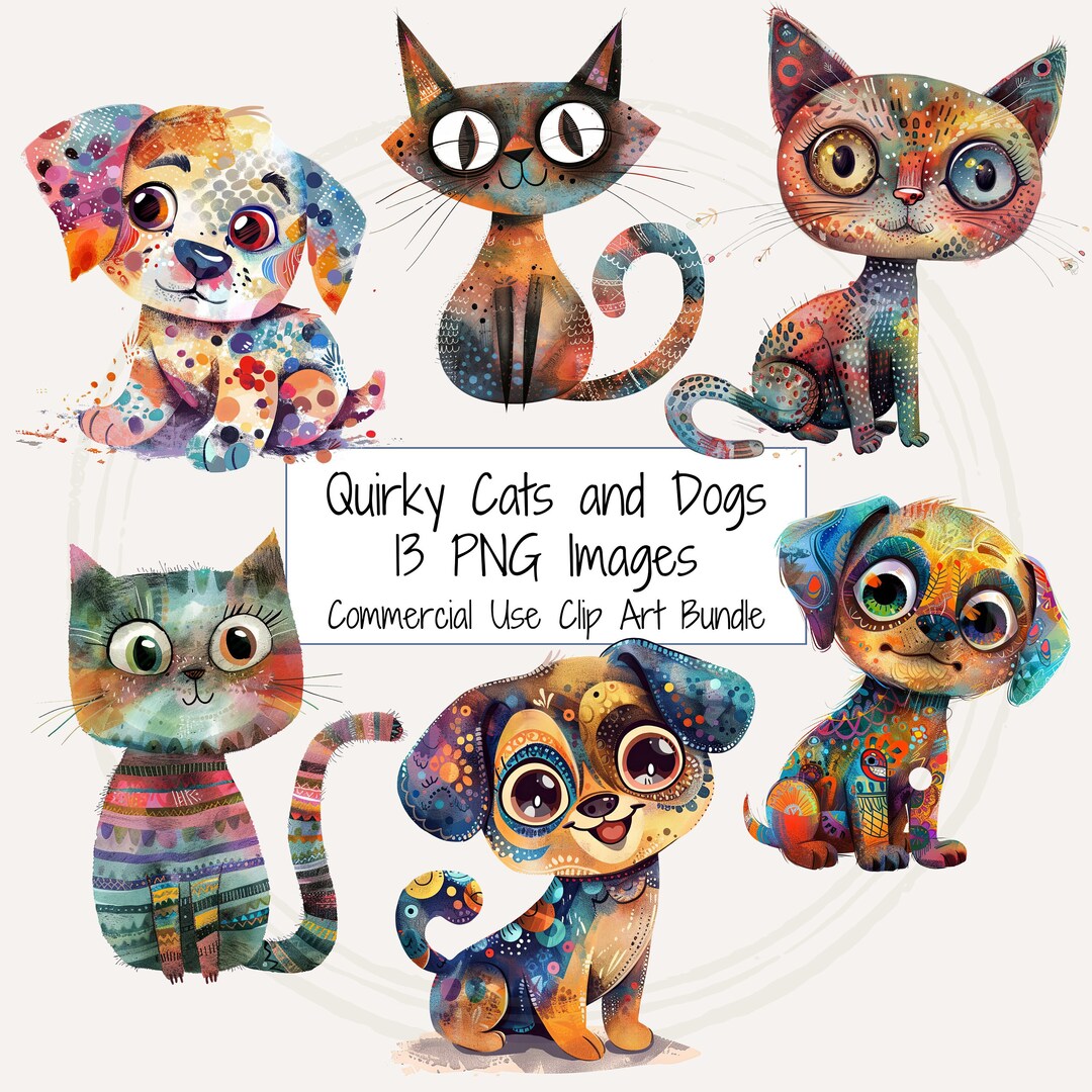 Quirky Cats Dogs Clipart Pack, 13 High Quality PNG Clip Art File Bundle ...