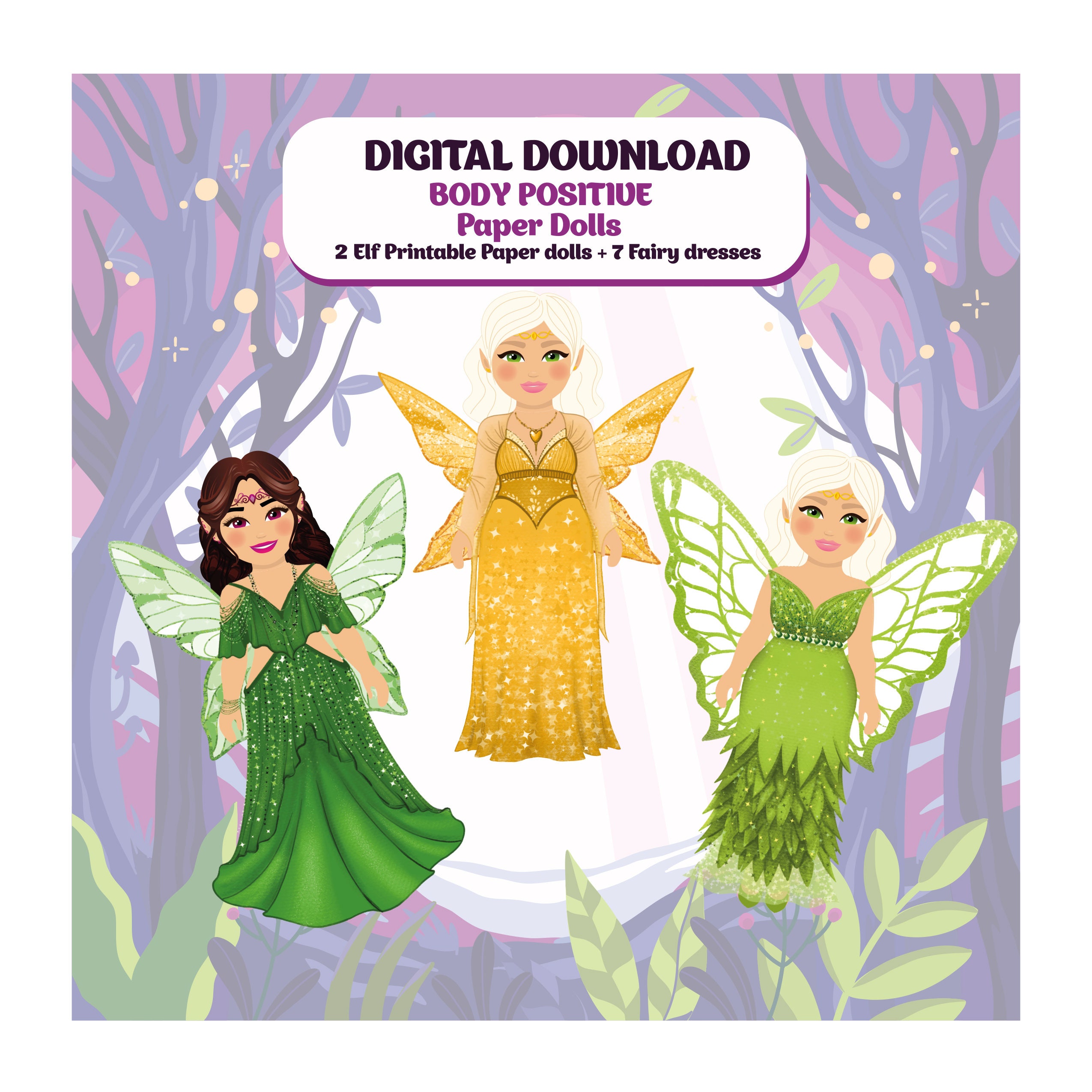 7 BODY POSITIVE FAIRY Dresses With 2 Dolls Set, Printable Paper Doll ...