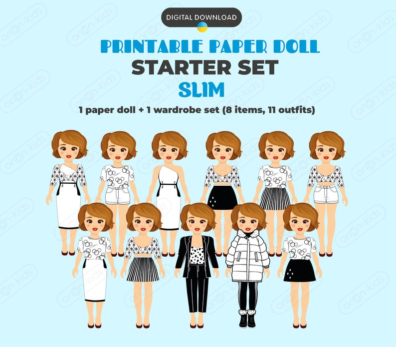 Printable Paper Doll Starter Kit, Slim Line, Light Skin Tone Doll ...
