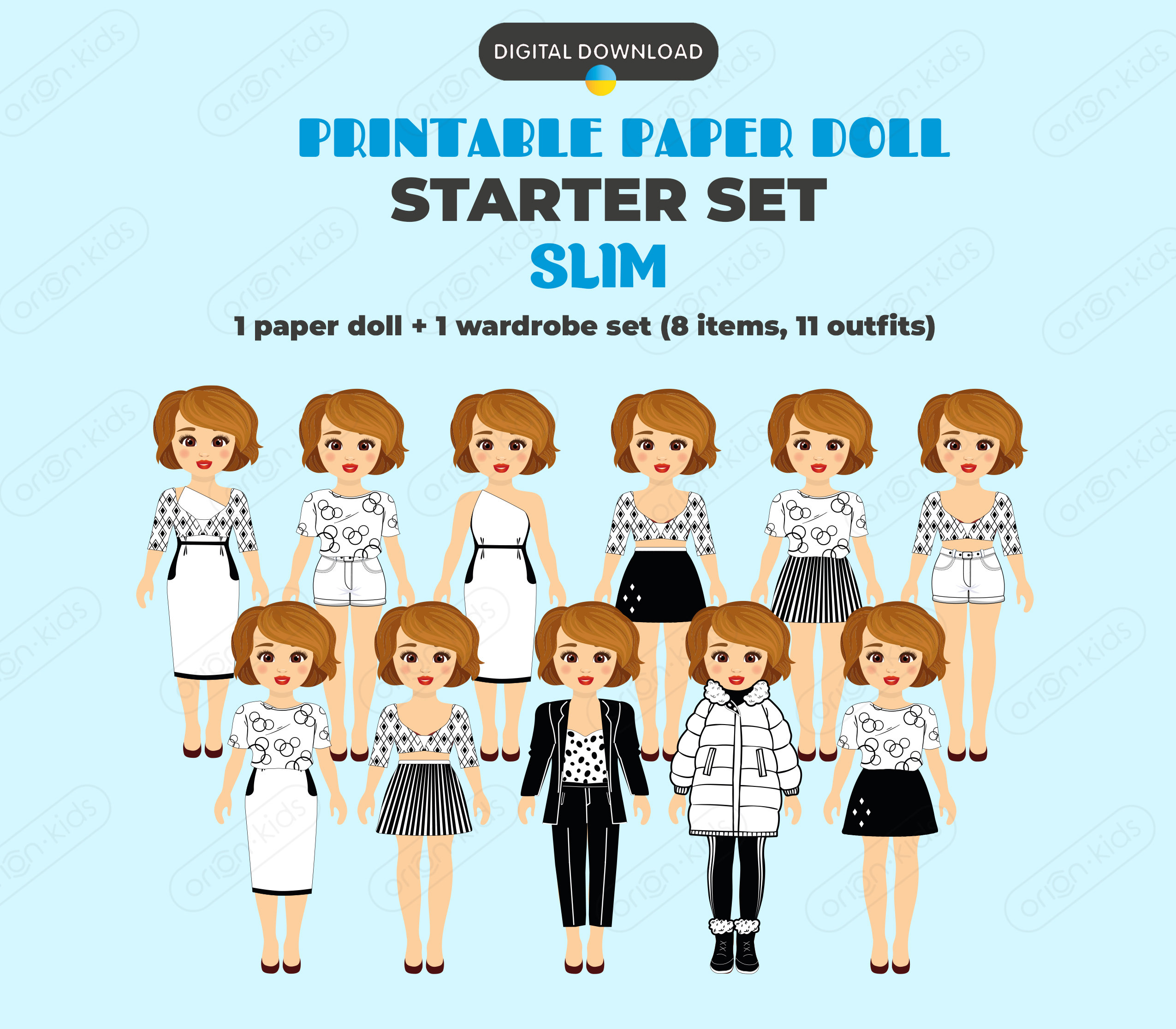 Printable Paper Doll Starter Kit, Slim Line, Light Skin Tone Doll ...