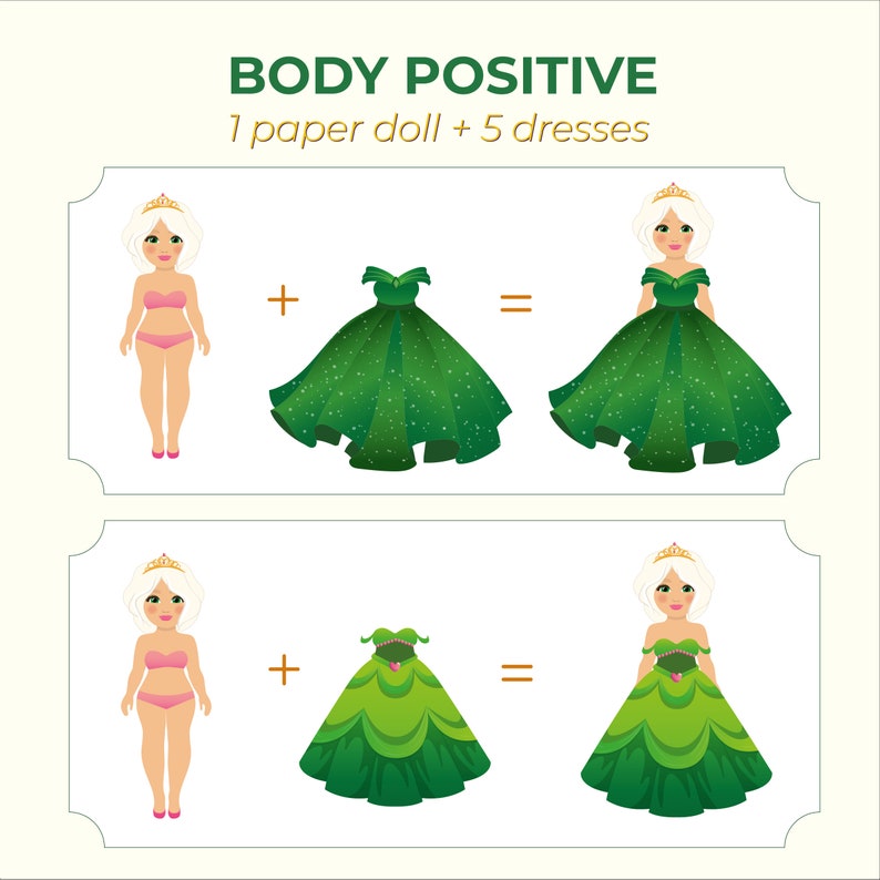 5 BODY POSITIVE Emerald Green Dresses With 1 Princess Doll Set ...