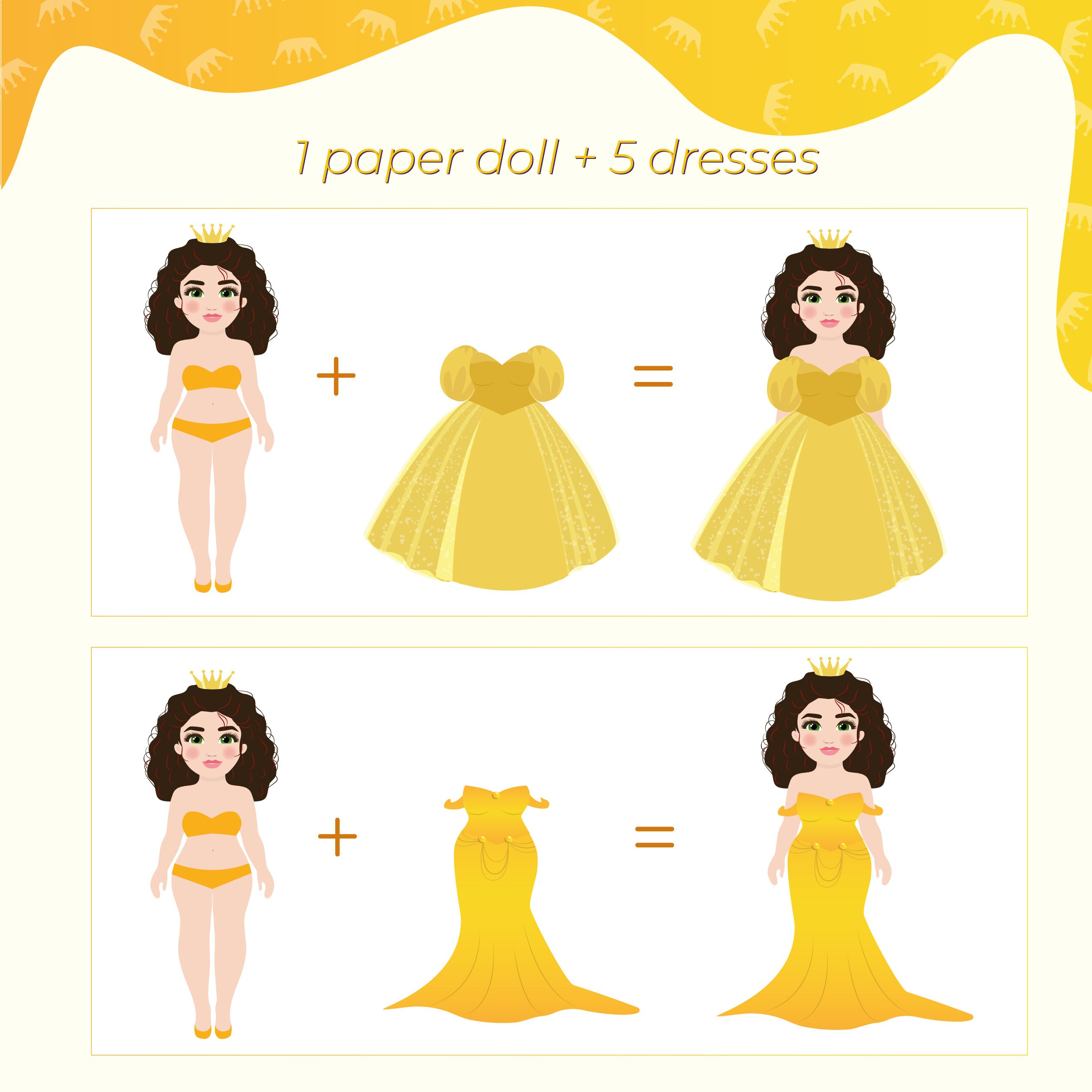 5 Yellow BODY POSITIVE Dresses Set With 1 Princess Doll, Printable ...