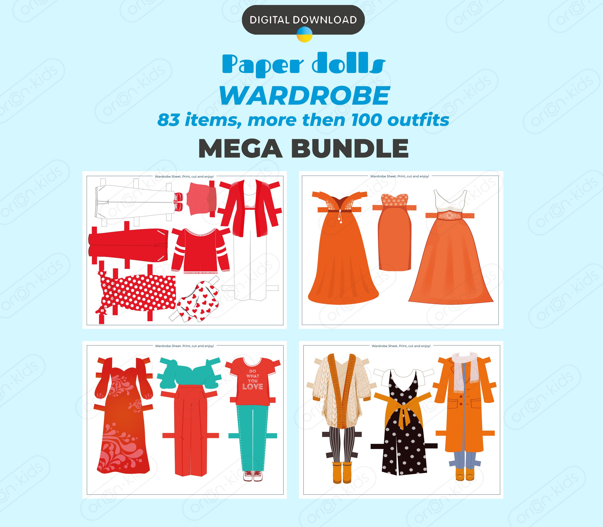 83-pack SLIM Line Printable Wardrobe Set for Paper Doll, Printable ...