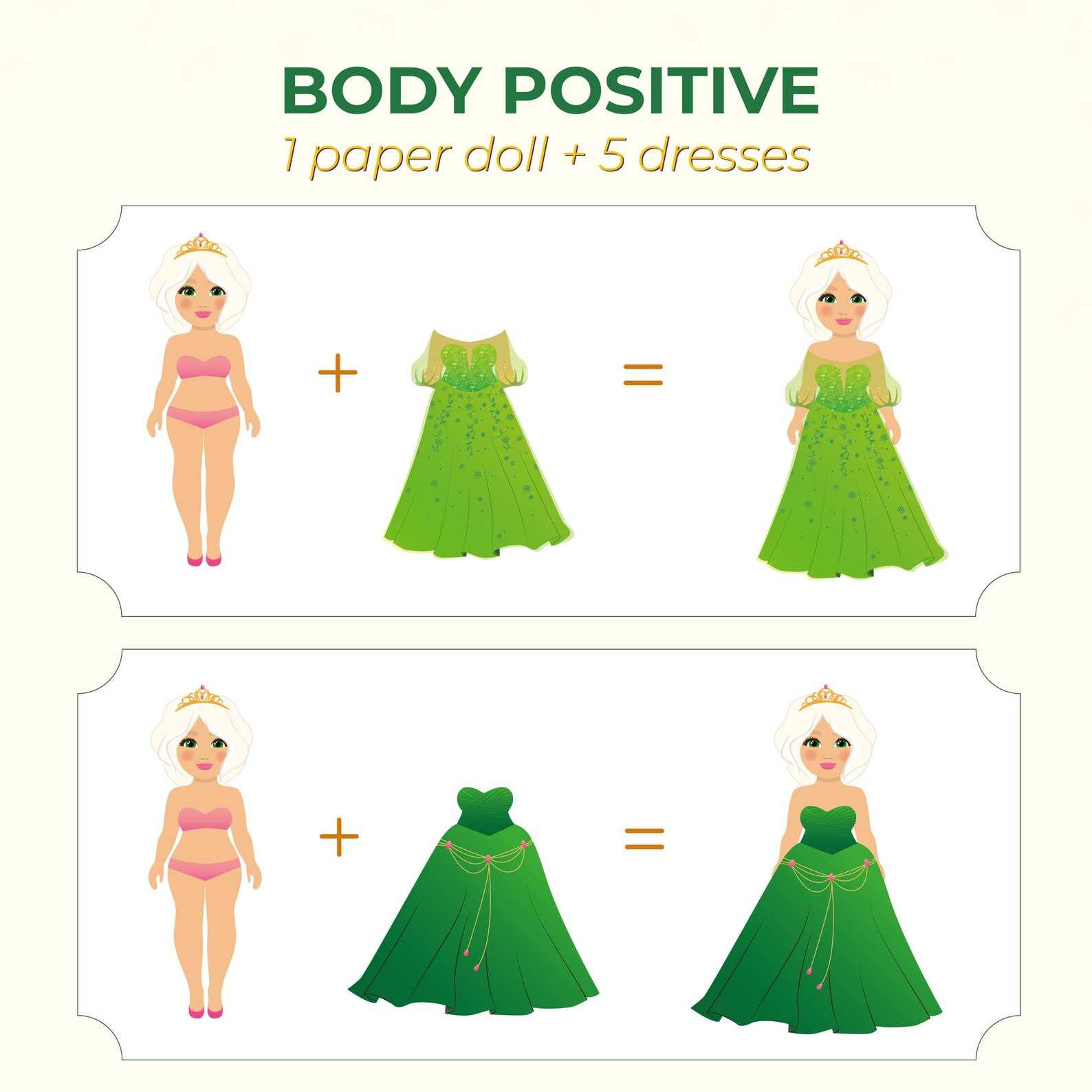 5 BODY POSITIVE Emerald Green Dresses With 1 Princess Doll Set ...