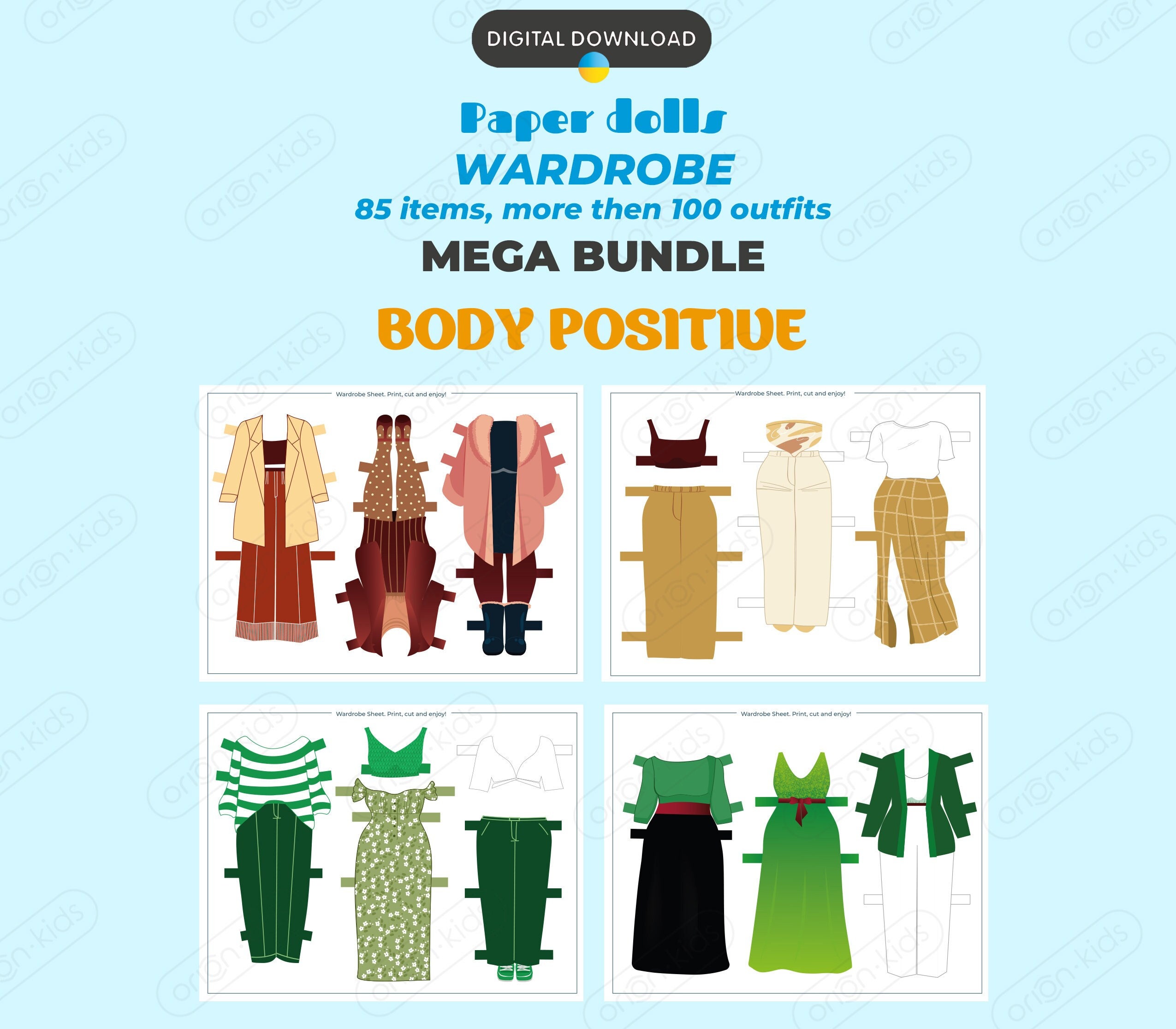 85-pack Body Positive Printable Dress up Set for Paper Doll, Clothes ...