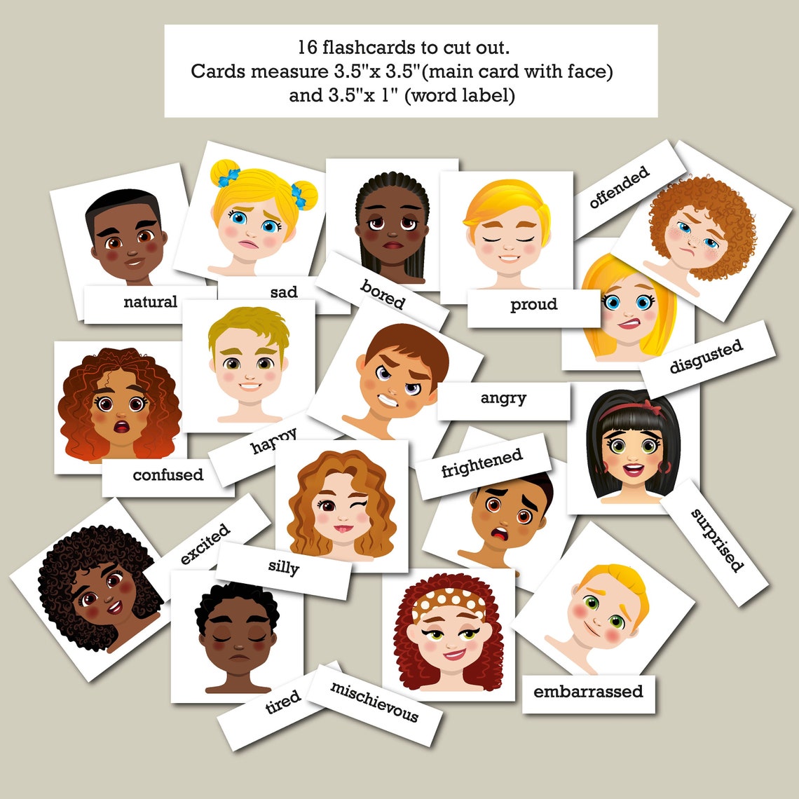 FEELINGS Flashcards Printable, Instant Download, Cute Emotions, Kids ...