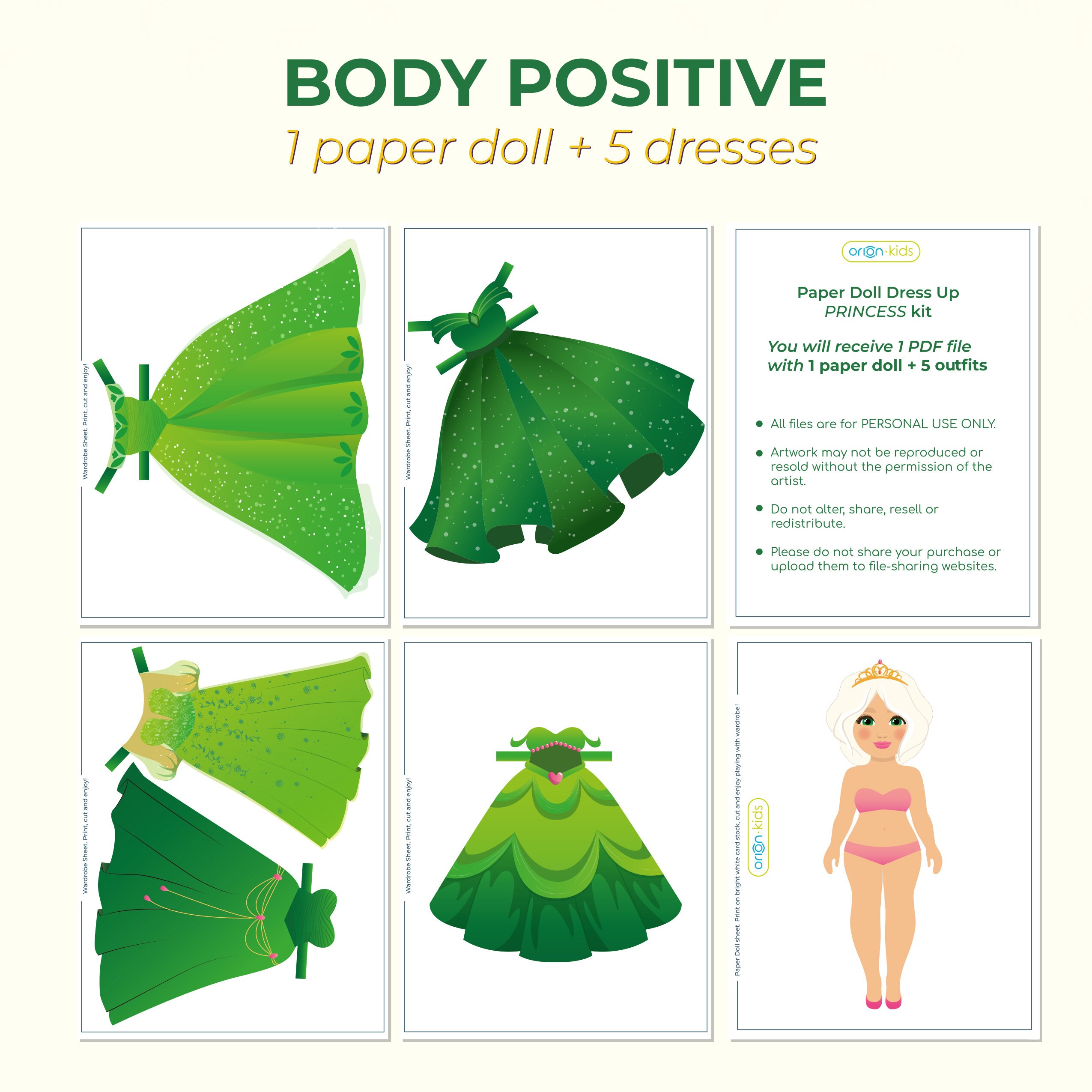 5 BODY POSITIVE Emerald Green Dresses With 1 Princess Doll Set ...