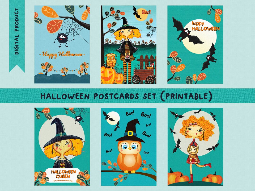 Set of 6 Halloween Printable Postcards Instant Download Cute Halloween ...