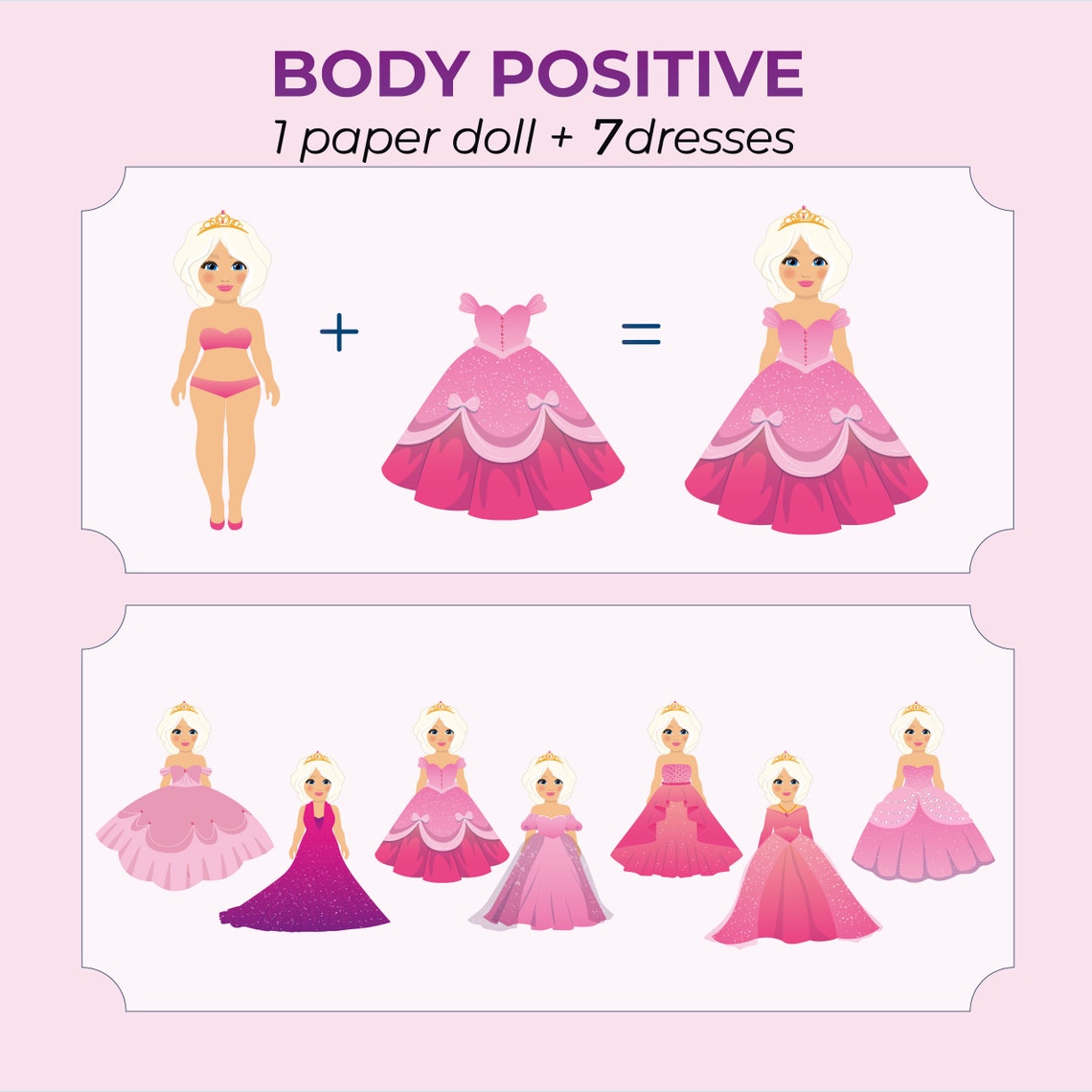 7 BODY POSITIVE Pink Princess Dresses With 1 Doll Set, Printable Paper ...