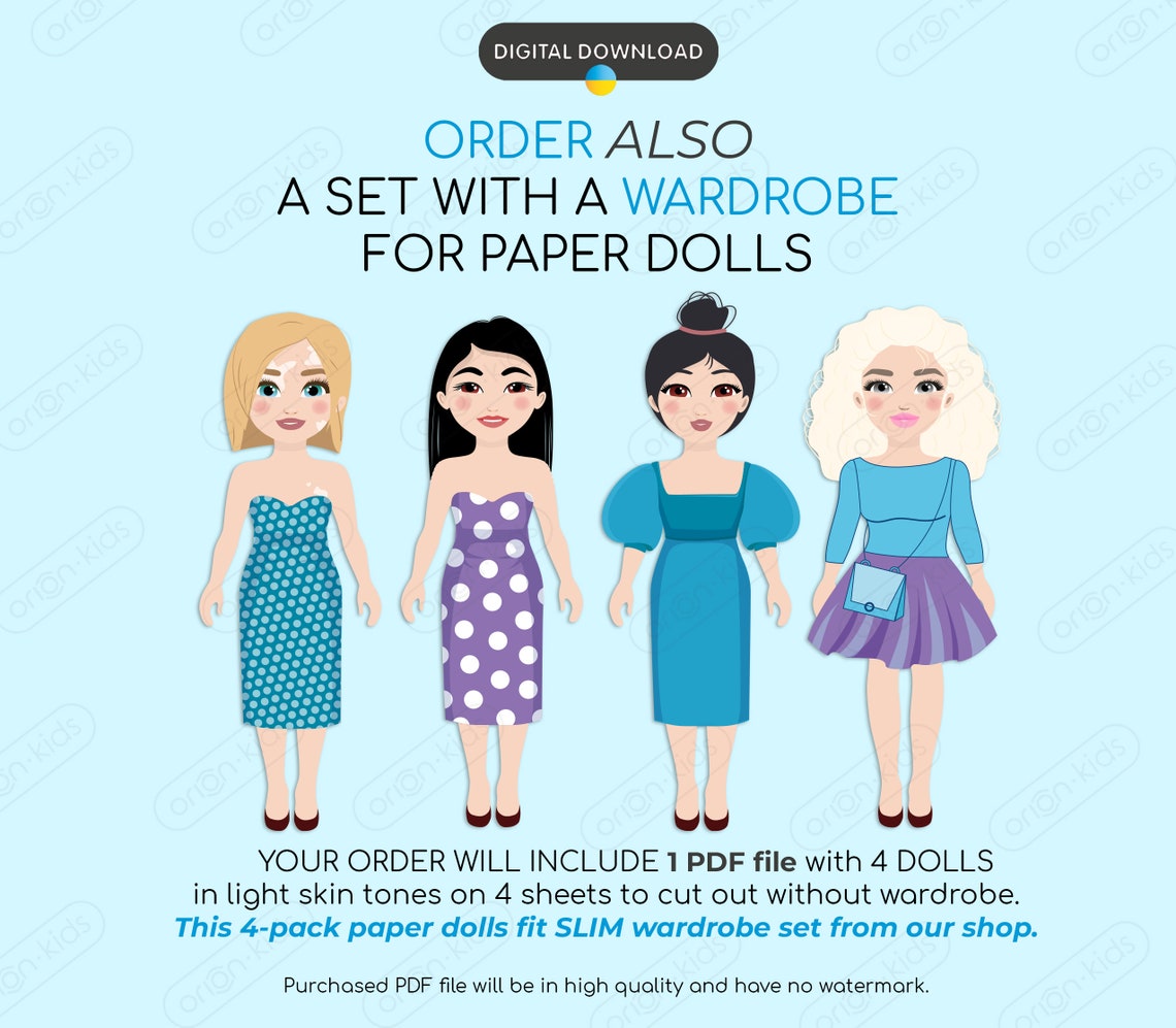 4-pack Slim Line Printable Paper Dolls Light Skin Tones - Etsy