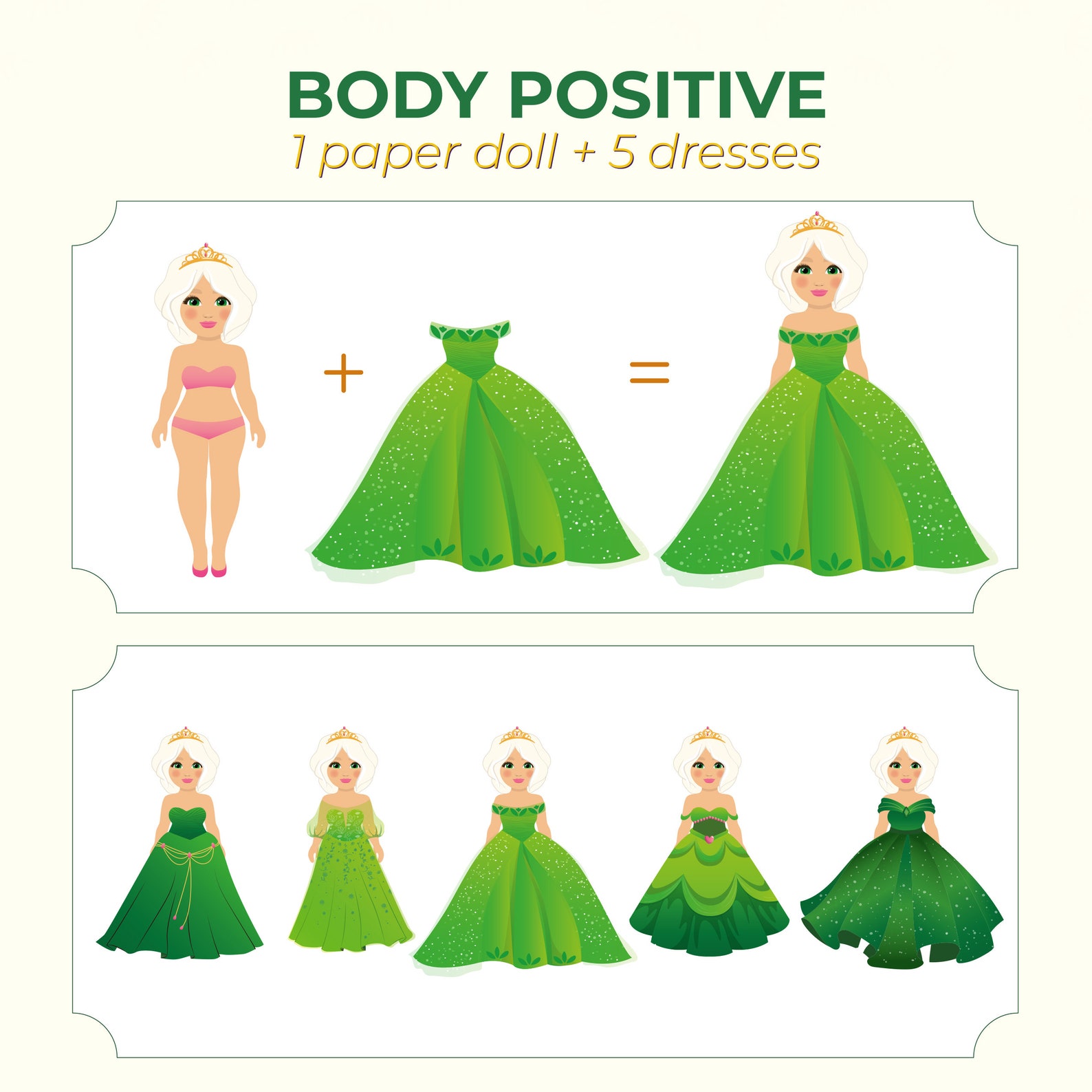 5 BODY POSITIVE Emerald Green Dresses With 1 Princess Doll Set ...
