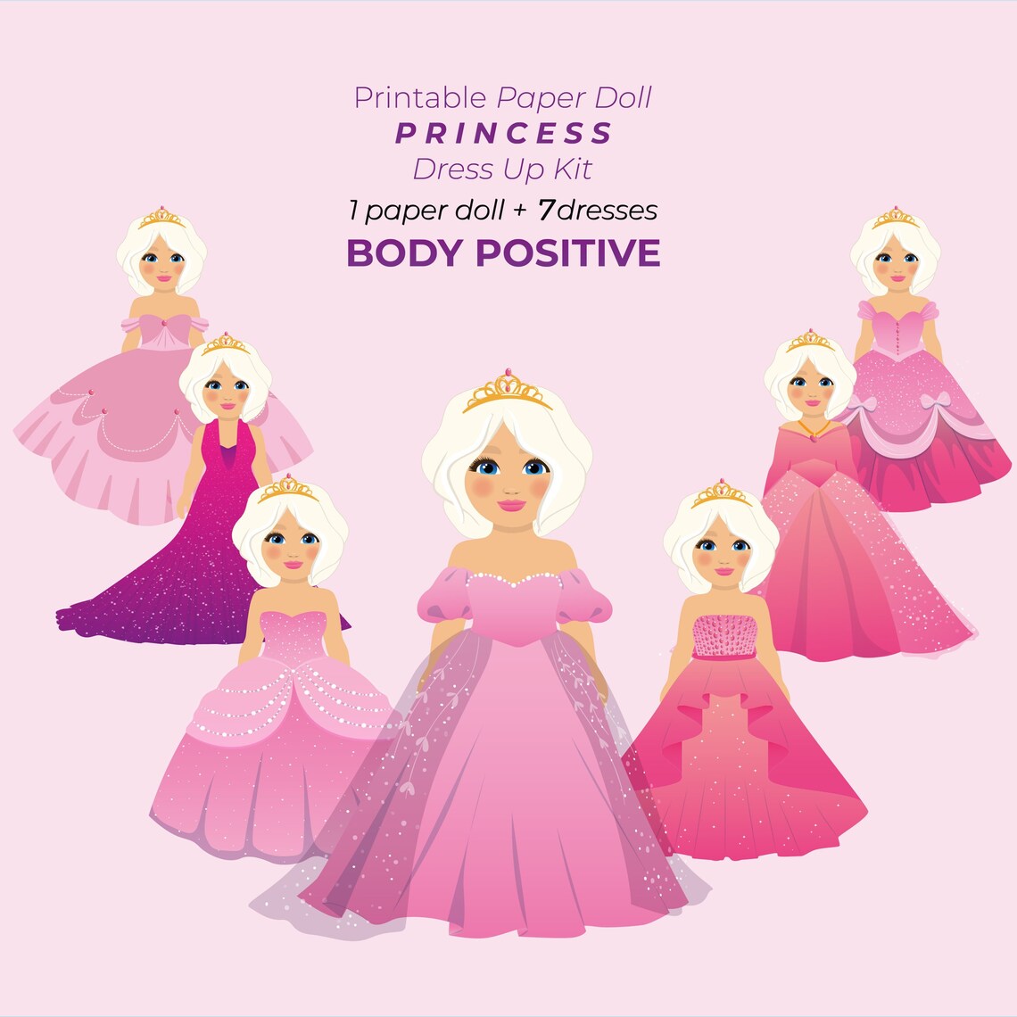 7 BODY POSITIVE Pink Princess Dresses With 1 Doll Set, Printable Paper ...