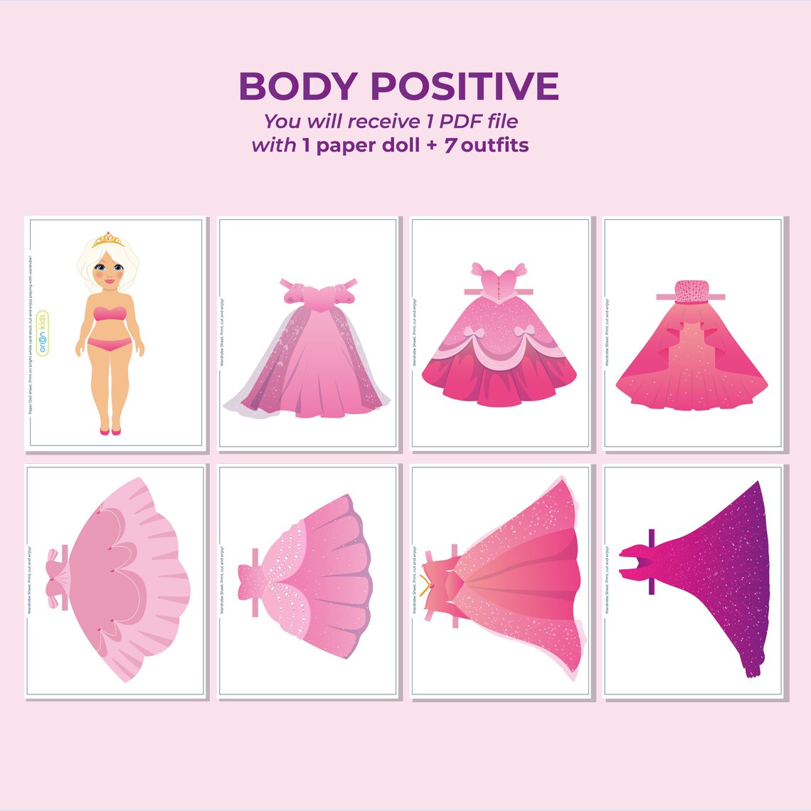7 BODY POSITIVE Pink Princess Dresses With 1 Doll Set, Printable Paper ...