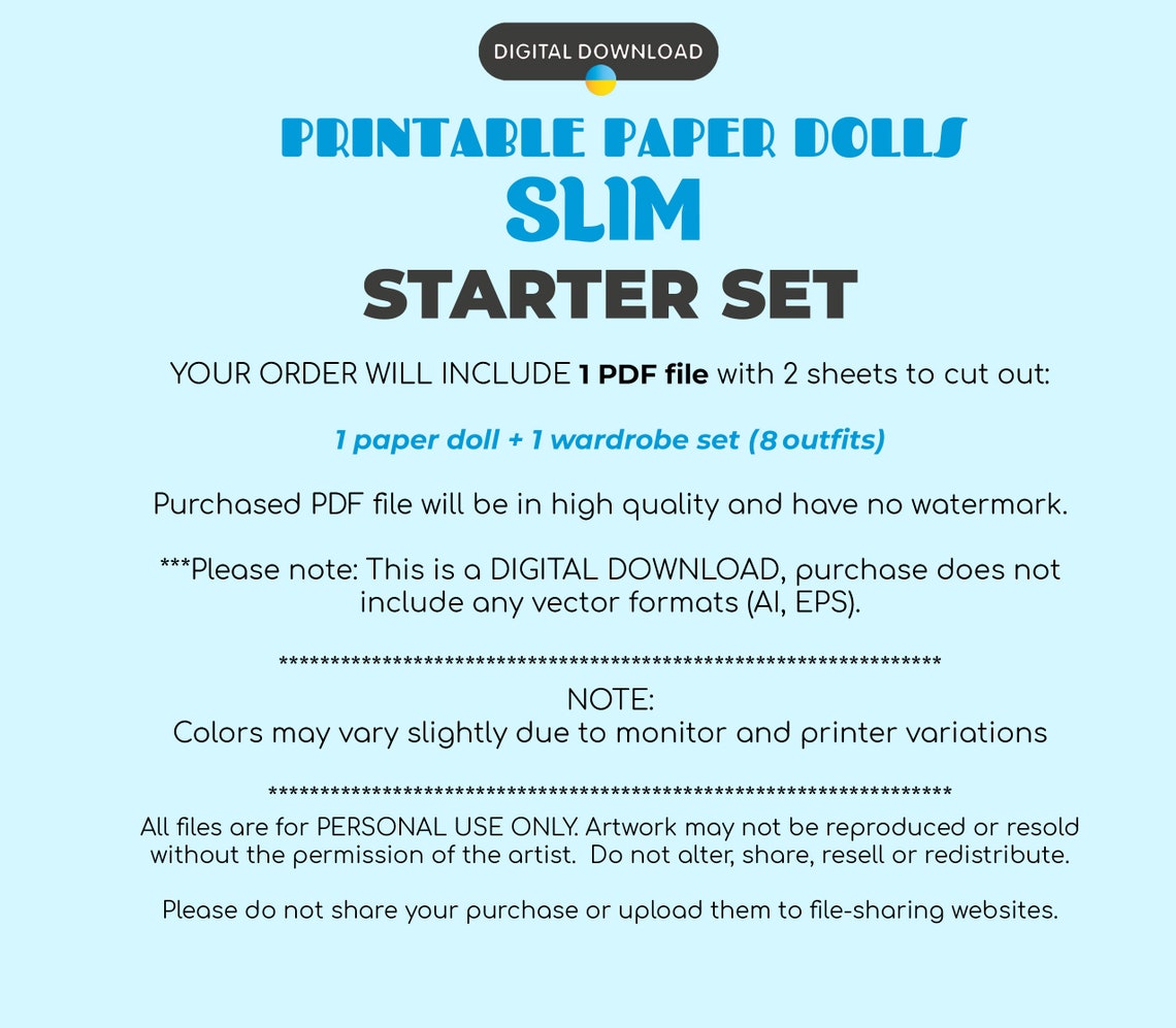 Printable Paper Doll Starter Kit, Slim Line, Light Skin Tone Doll ...