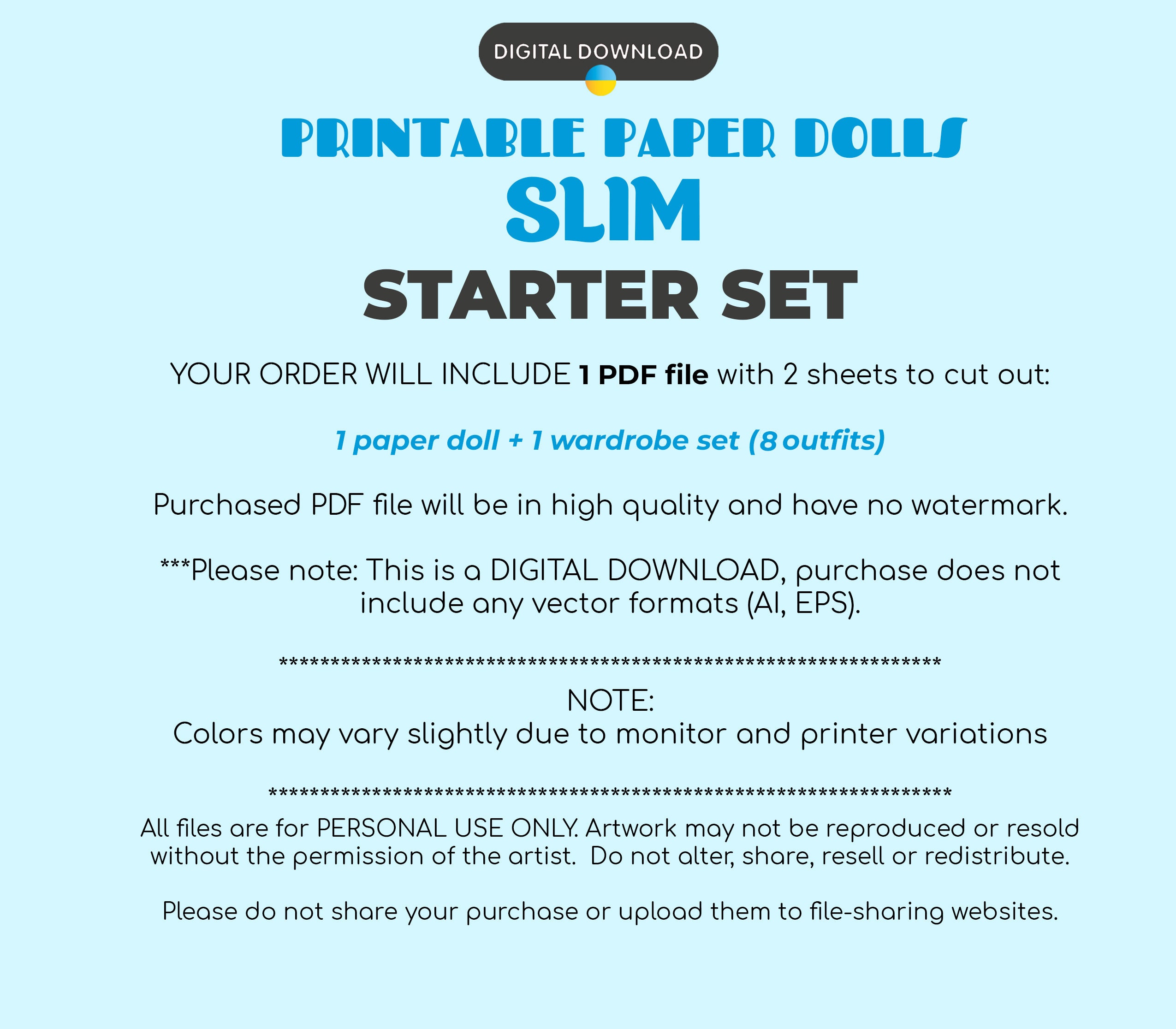 Printable Paper Doll Starter Kit, Slim Line, Light Skin Tone Doll ...