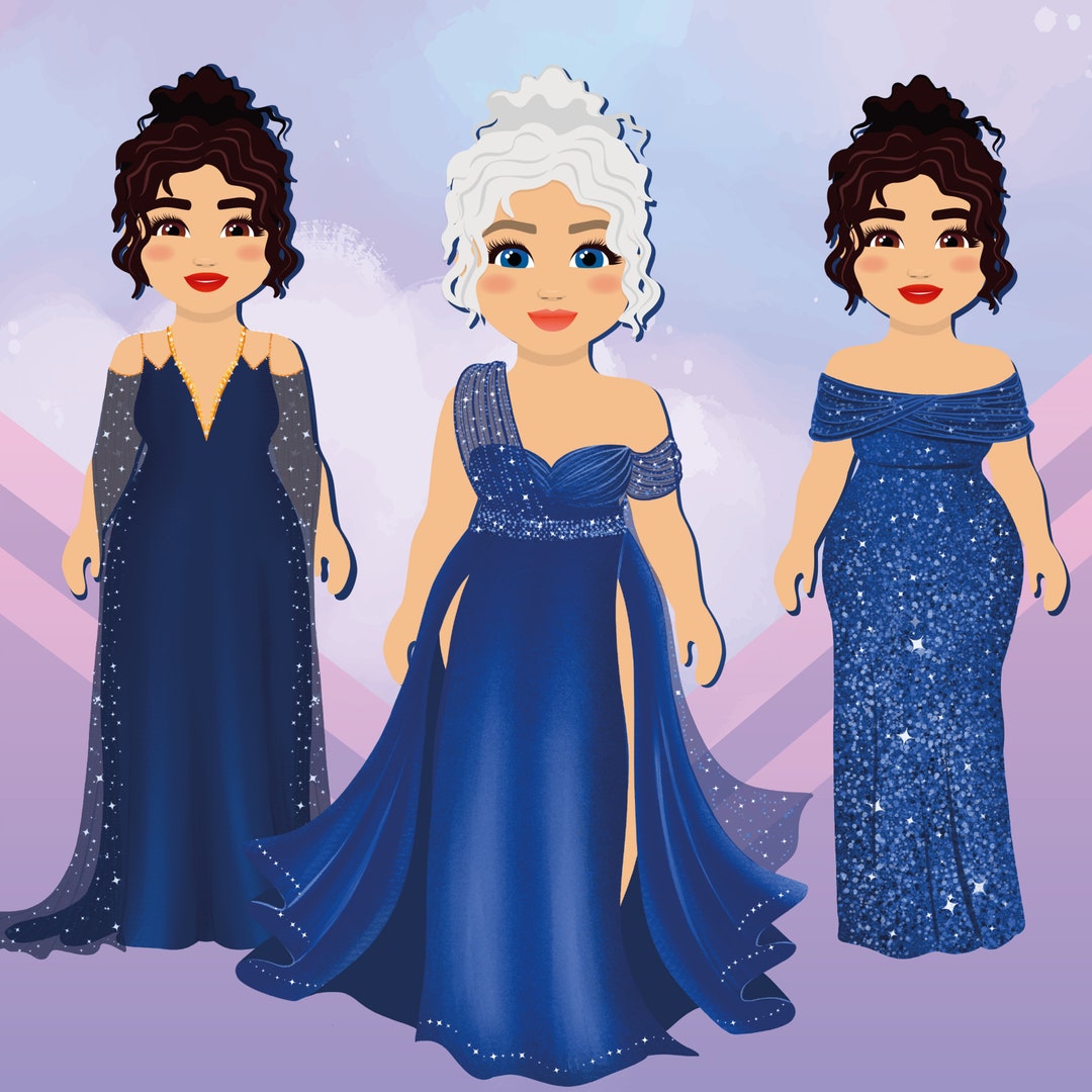 BODY POSITIVE Printablepaper Doll 5-piece With Dark BLUE Dresses ...