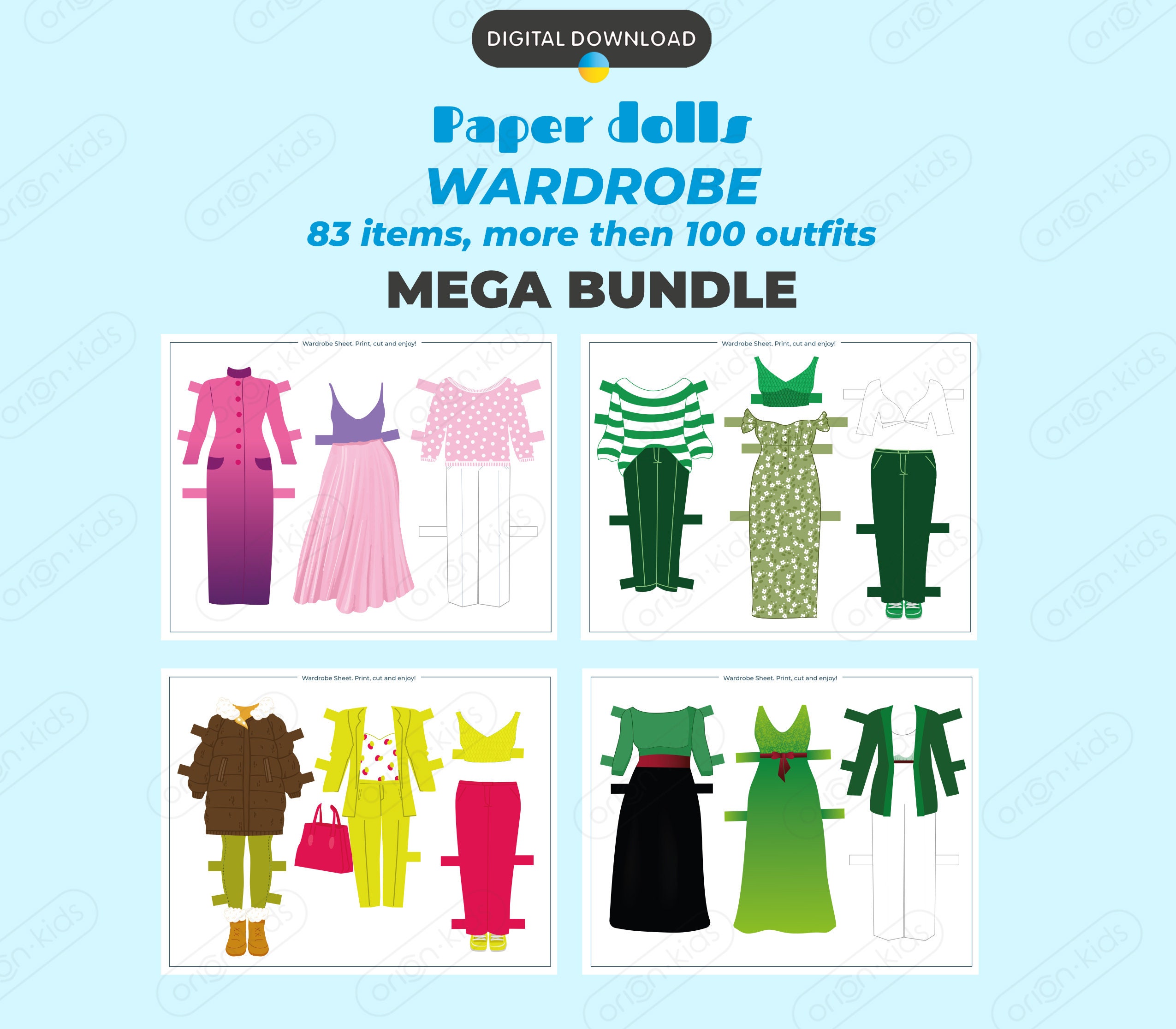 83-pack SLIM Line Printable Wardrobe Set for Paper Doll, Printable ...