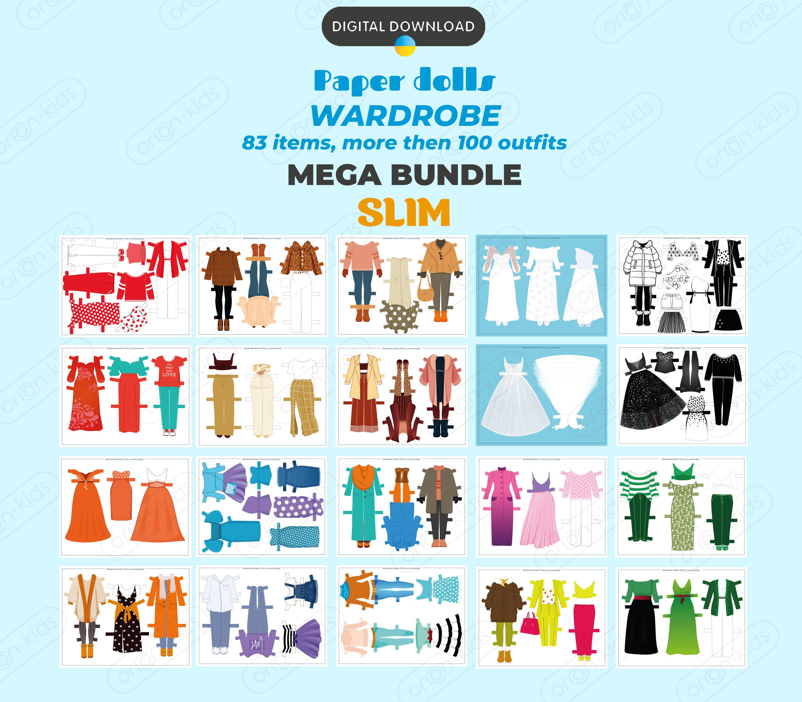 83-pack SLIM Line Printable Wardrobe Set for Paper Doll, Printable ...