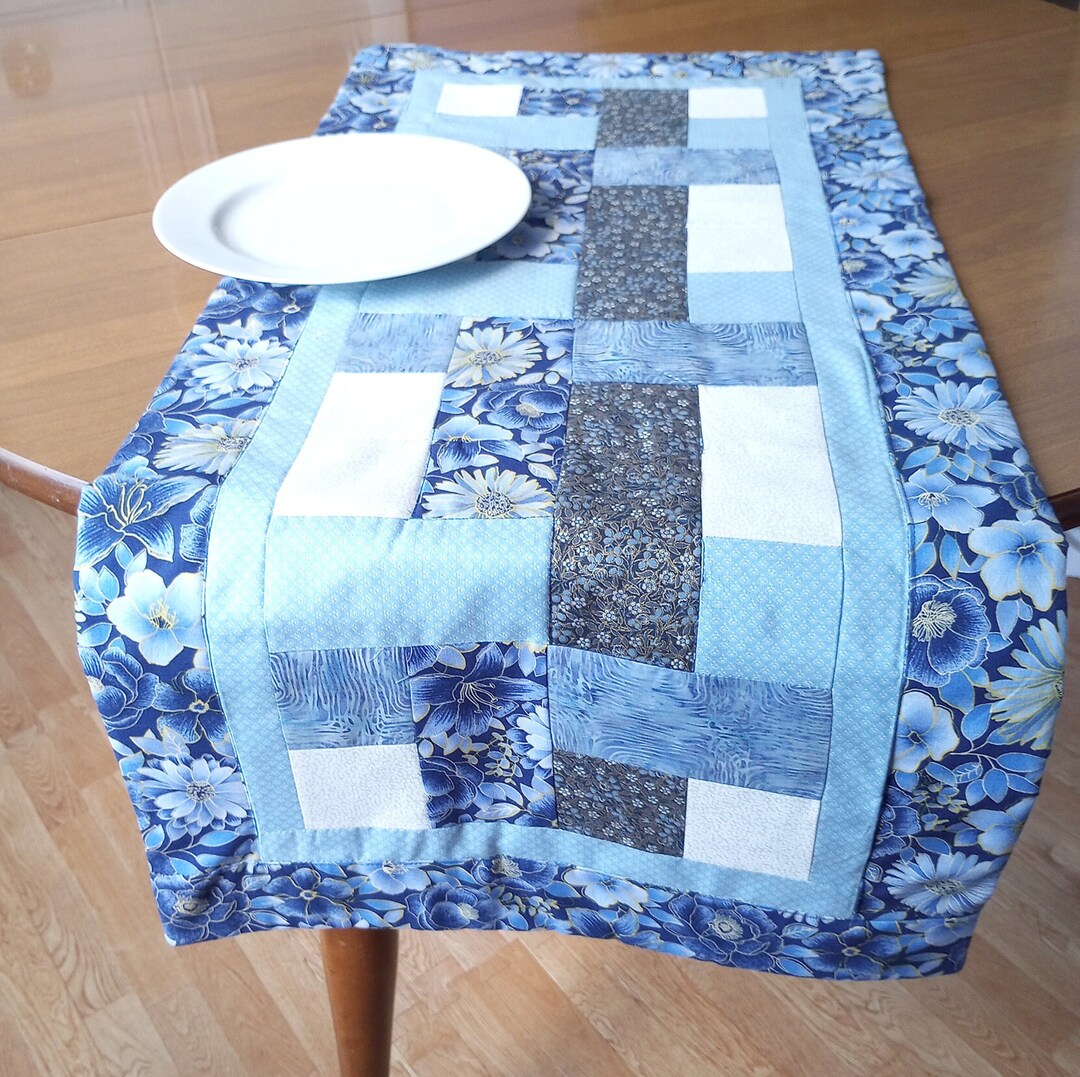 Victoria Floral Blue Quilted Table Runner Blue Floral Table Runner ...