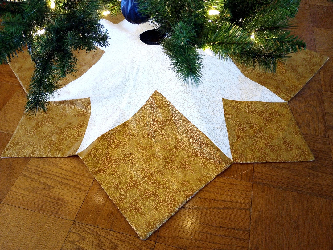 White and Gold Tree Skirt Star 60 Inch White Gold Tree Skirt Handmade ...