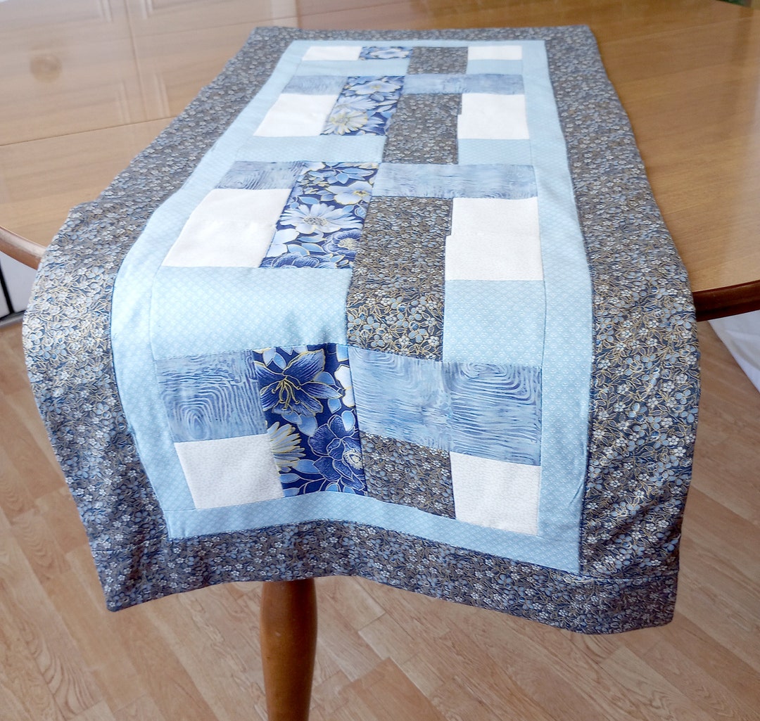 Victoria Floral Dark Blue Quilted Table Runner Blue Floral Table Runner ...