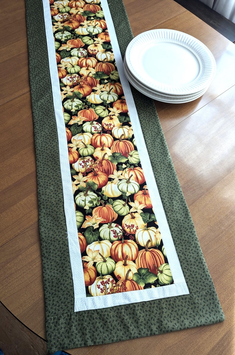 Pumpkin Table Runner Green Fall Table Runner Harvest Pumpkin Table Runner Fall Housewarming Gift ...