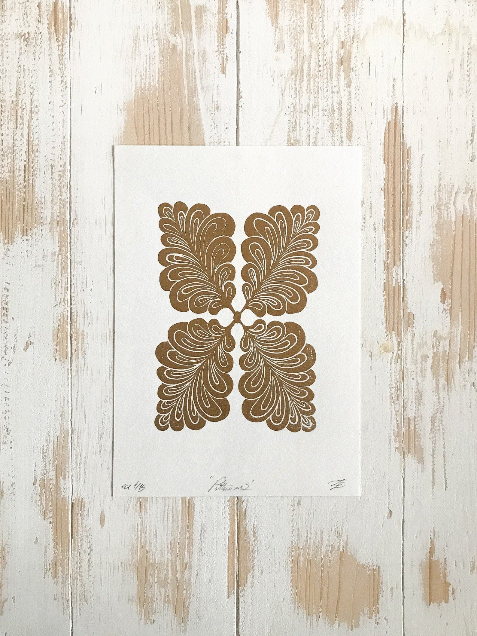 Lino Cut vintage Pattern Nº3 Gold & White Lino Print Wall Art Home ...