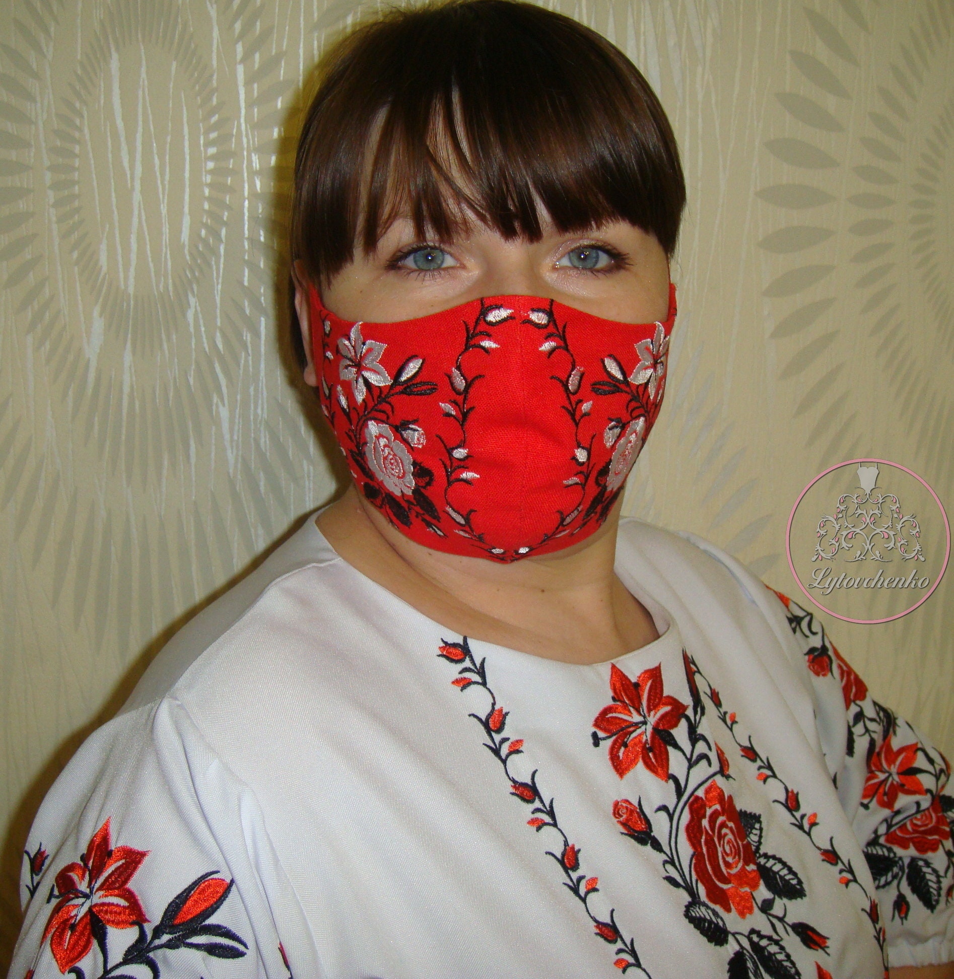 Linen Red Face Mask With Embroidered Roses for a Women. - Etsy