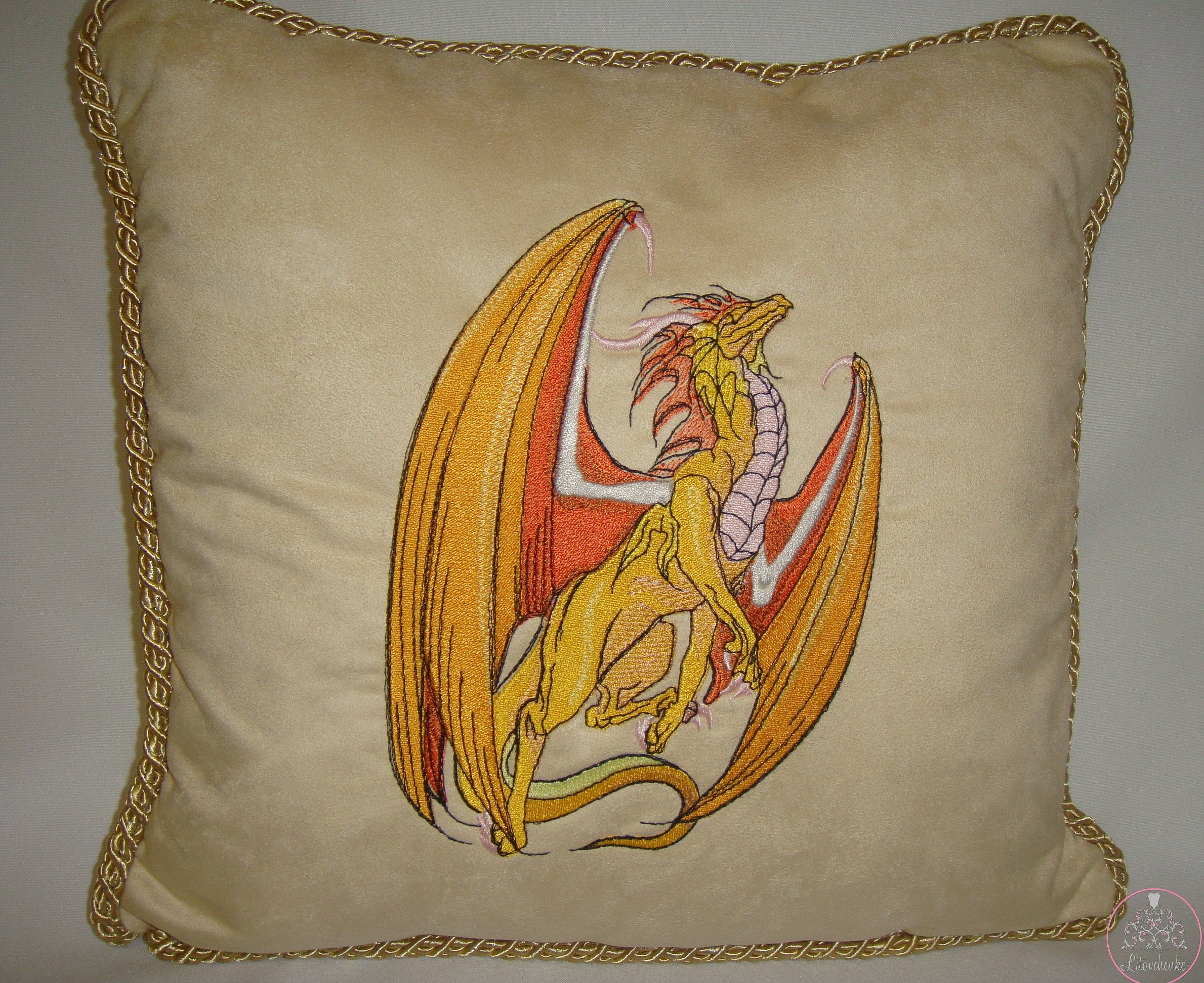 Decorative Pillow With Embroidered Yellow Dragon, Dragon Pillow ...