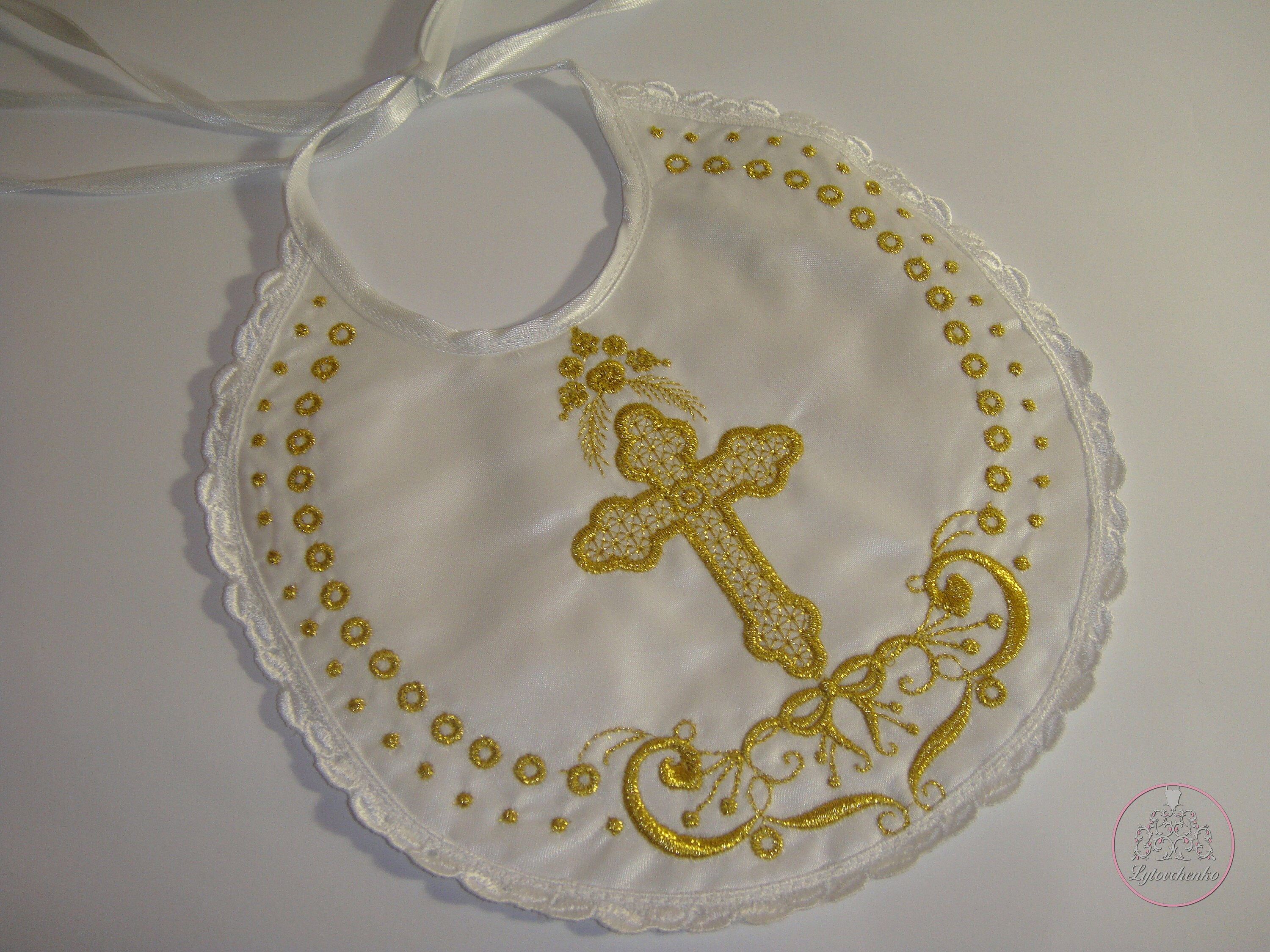 White Christening Satin Bib With Embroidered Golden Cross. Baptism Bib ...