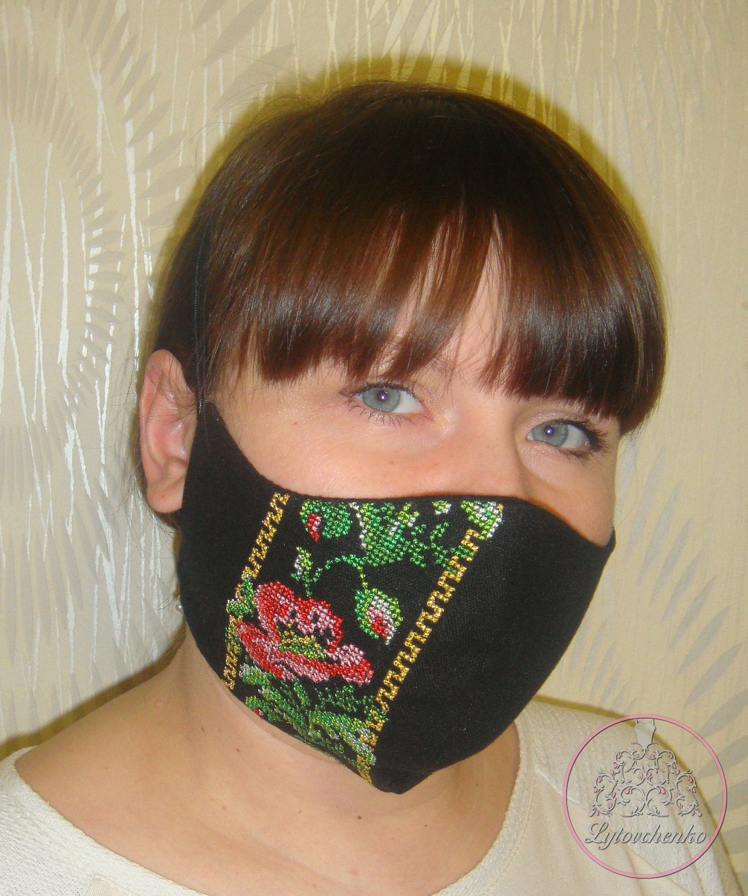 Linen Black Face Mask With Embroidered Poppies Folk Ukrainian Cross ...