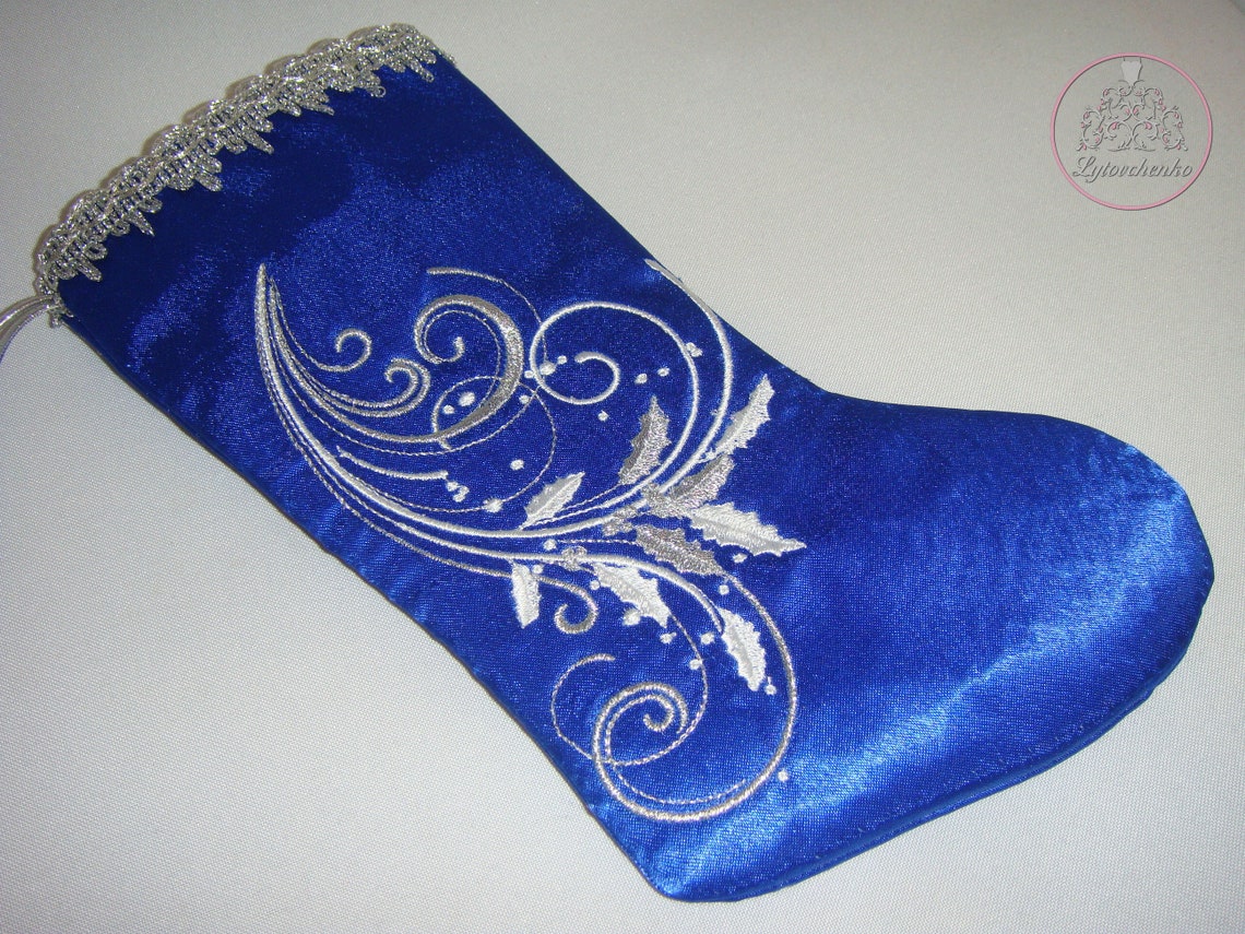 Blue Decorative xmas stocking with machine embroidery | Etsy