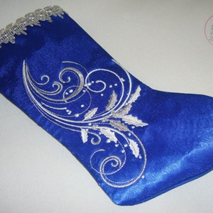 Blue Decorative Xmas Stocking With Machine Embroidery, Santa's Boot ...